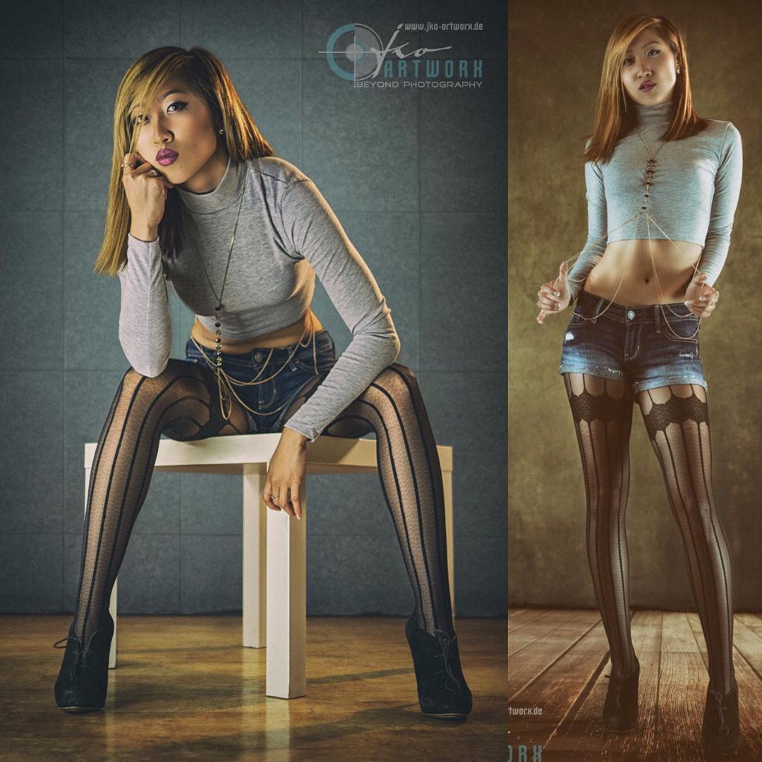 Jean shorts and patterned tights | Scrolller