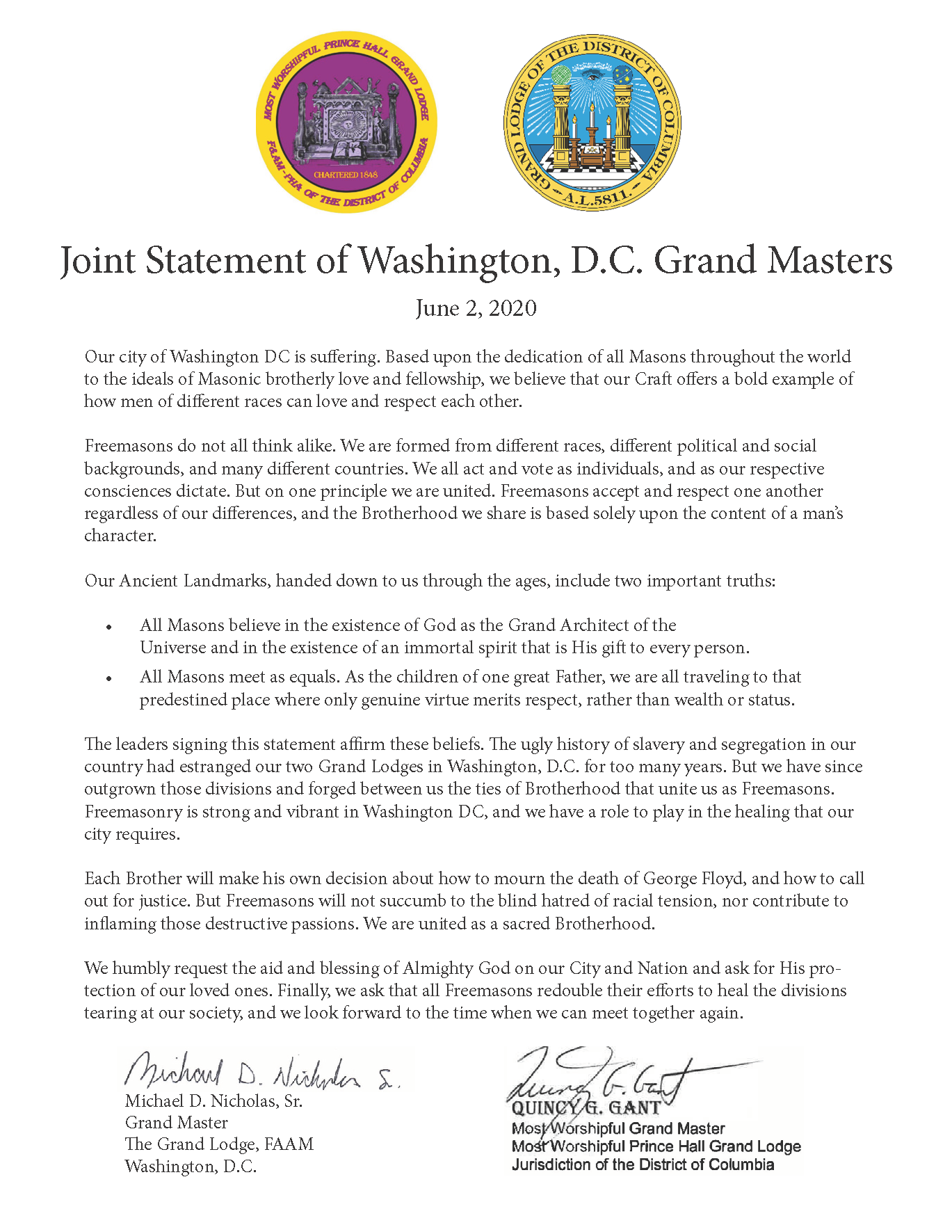 Joint Statement of Washington, D.C. Grand Masters | Scrolller