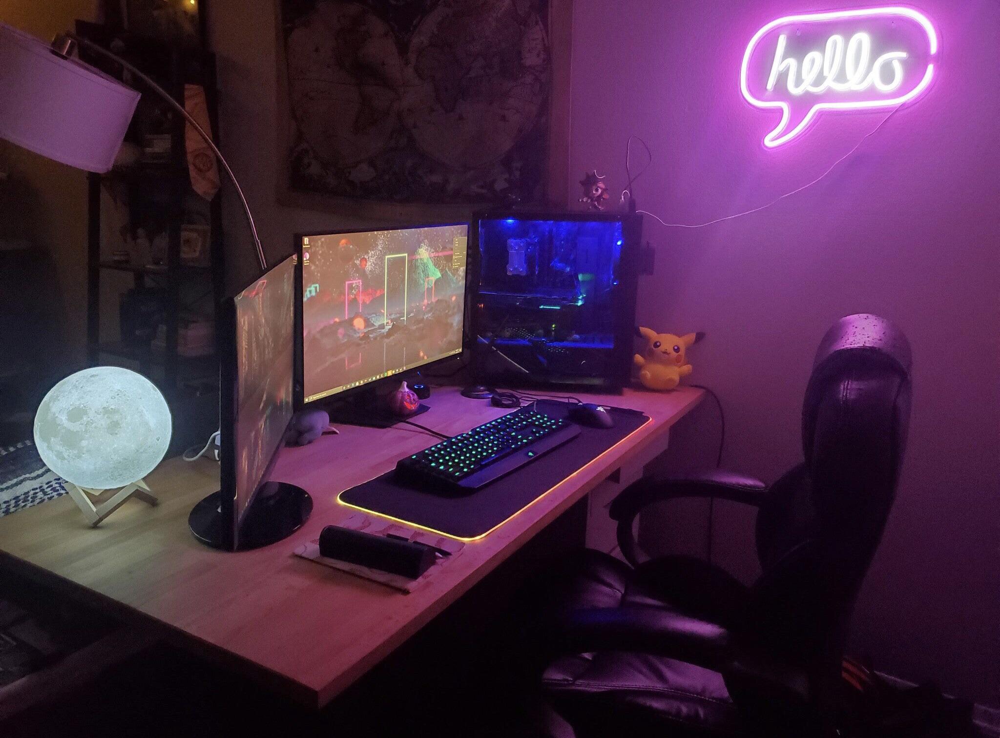 Just finished up with my gaming/working setup with a moon lamp to add some vibe | Scrolller