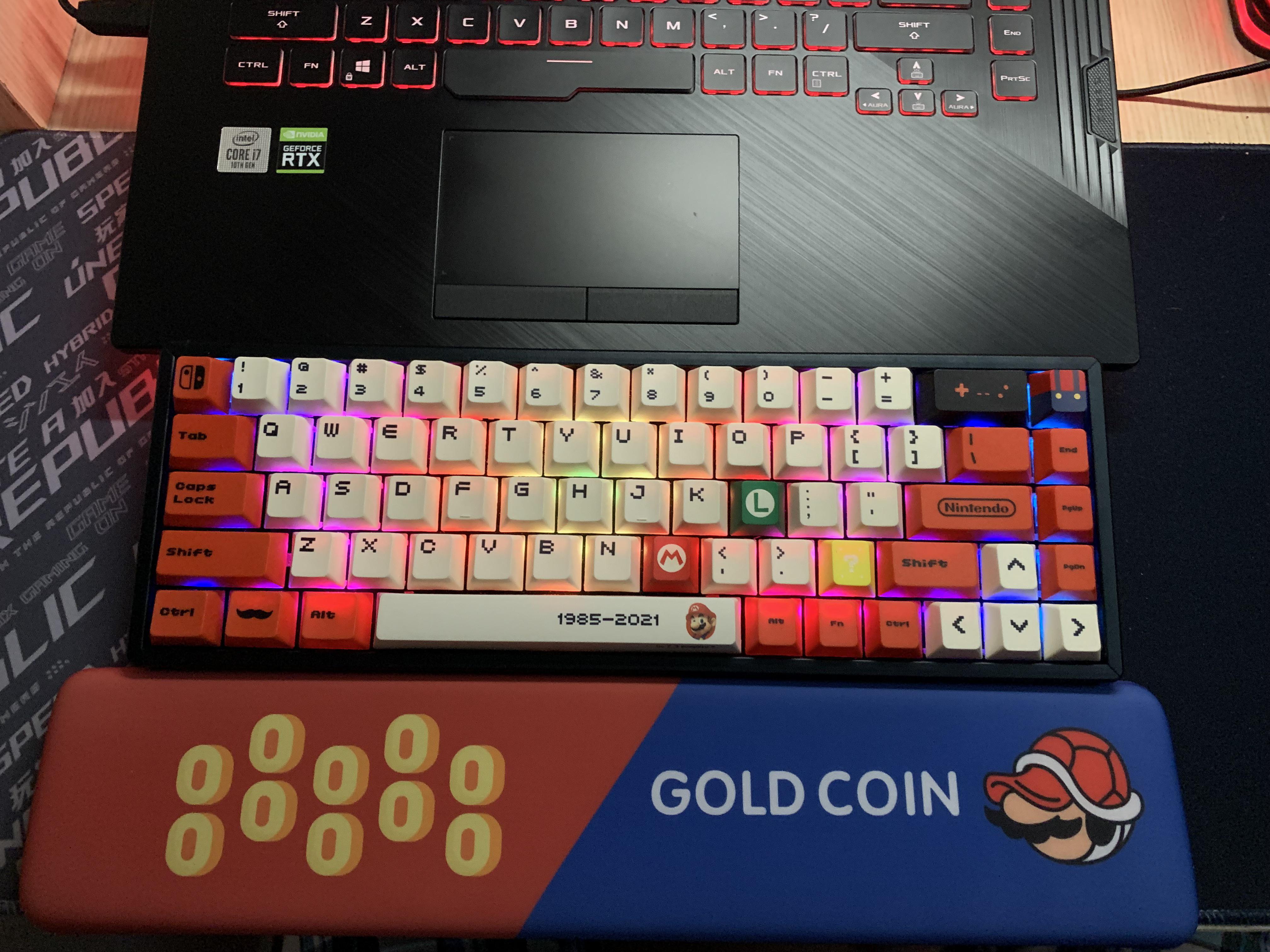 Just got myself a Mario themed PBT Keycap set and a Mario themed wristrest for my Keychron K6 ...
