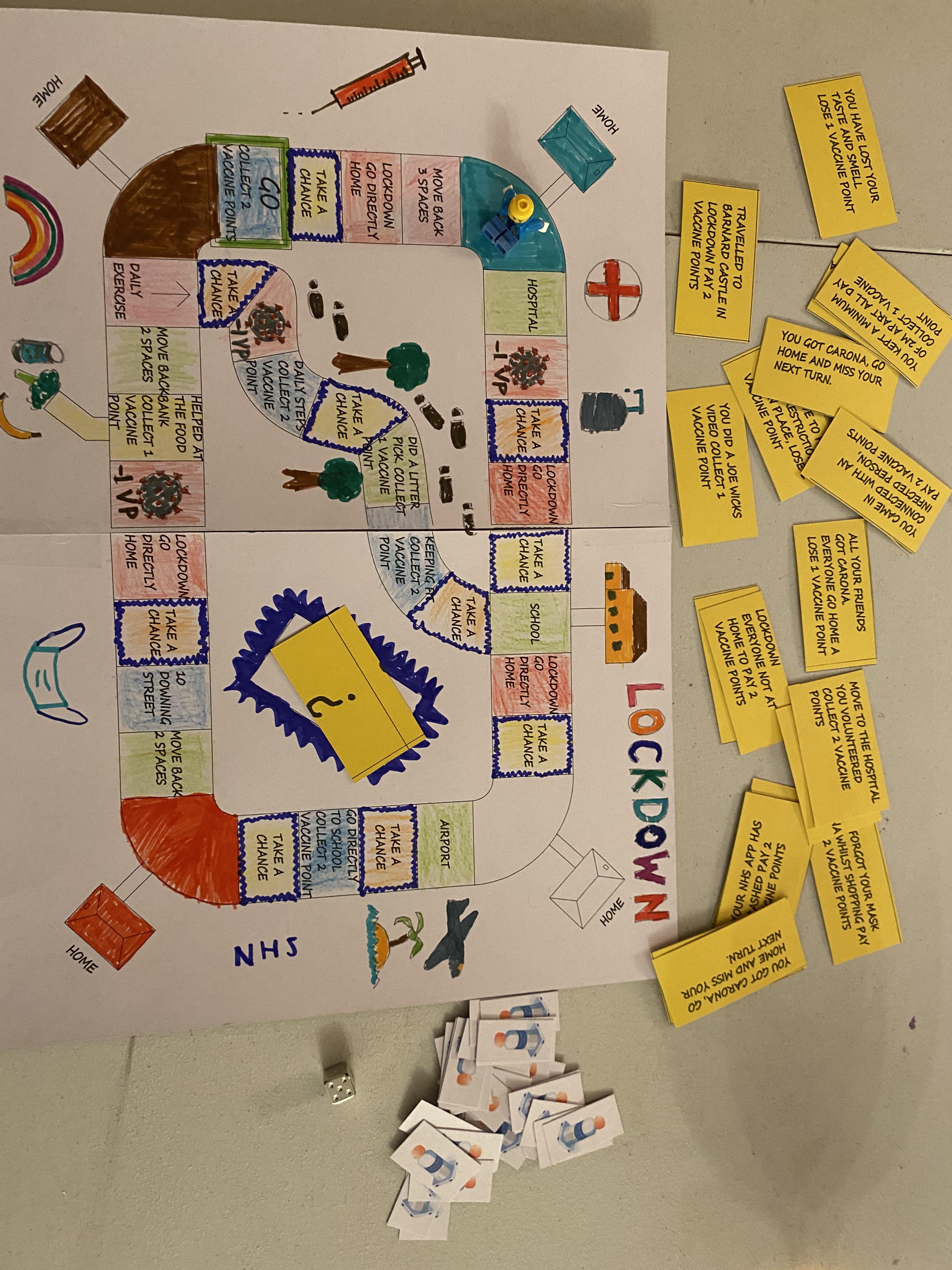 Kids and I made a lockdown board game. Doesn’t play too bad but really ...