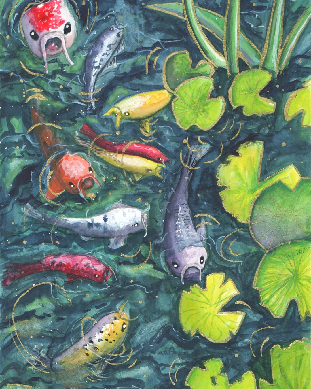 Koi pond, me, watercolour and gold ink, 2021 | Scrolller
