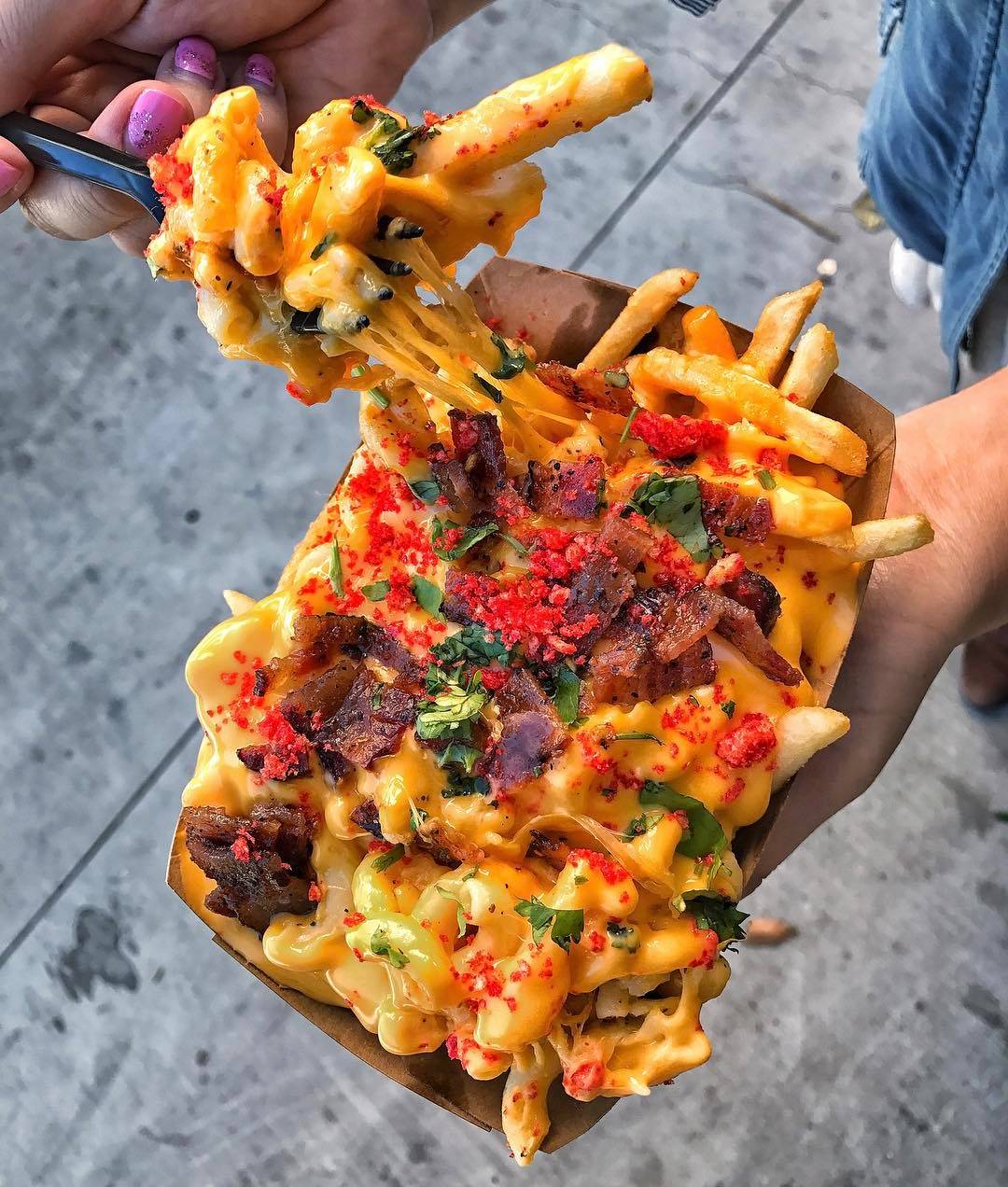Mac n' cheese french fries covered with candied bacon and crumbled hot cheetos [1080 × 1272 ...