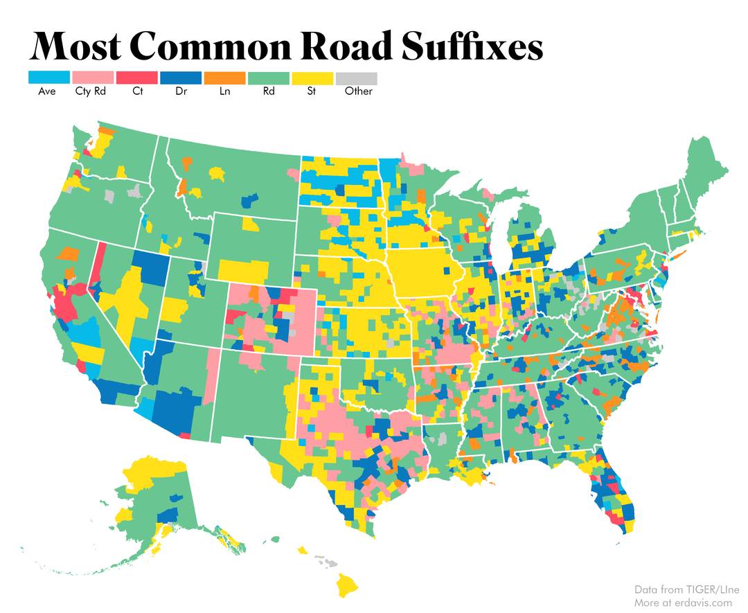Mapping the most common road suffixes by county [OC] | Scrolller
