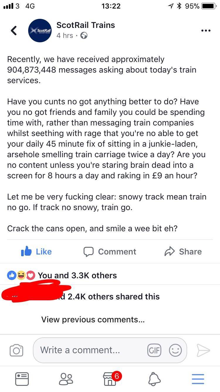 Meanwhile in Scotland, Scotrail is reminding aw cunt to simmer doon and crack open a cold wan ...