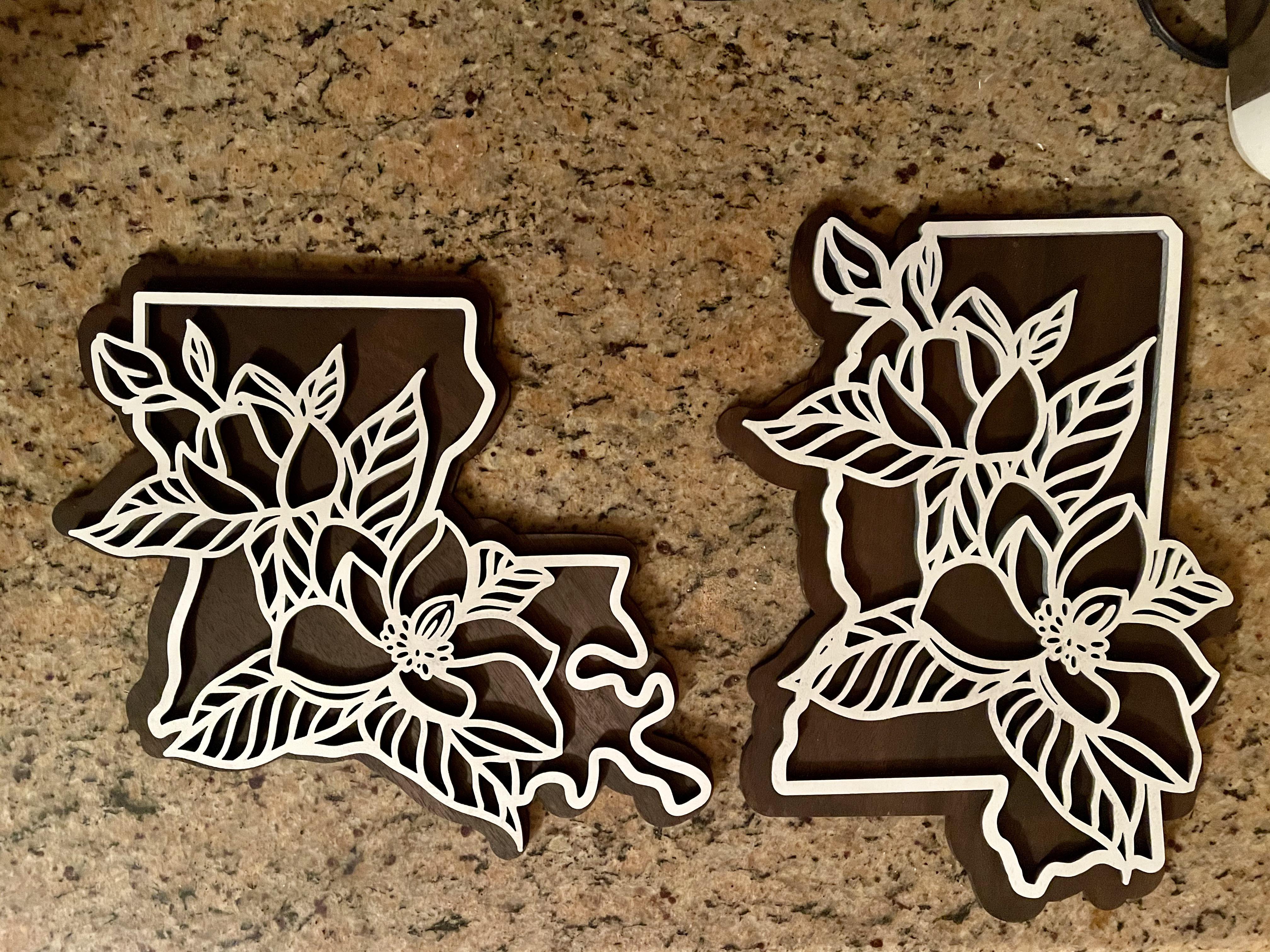 Mississippi & Louisiana with Magnolia State flower cut from 1/4” maple ...