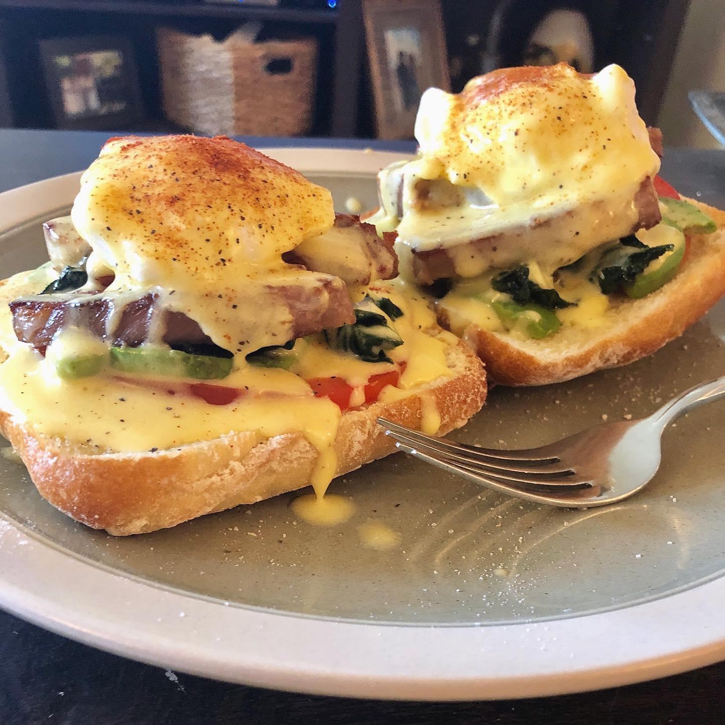 My First Benny—Pork Belly, Sautéed Spinach, Tomato, and Avocado on Toasted Ciabatta | Scrolller