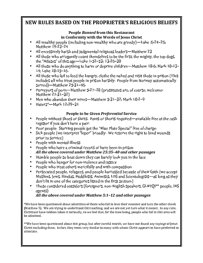 New Jesus-approved rules for admission to our restaurant | Scrolller