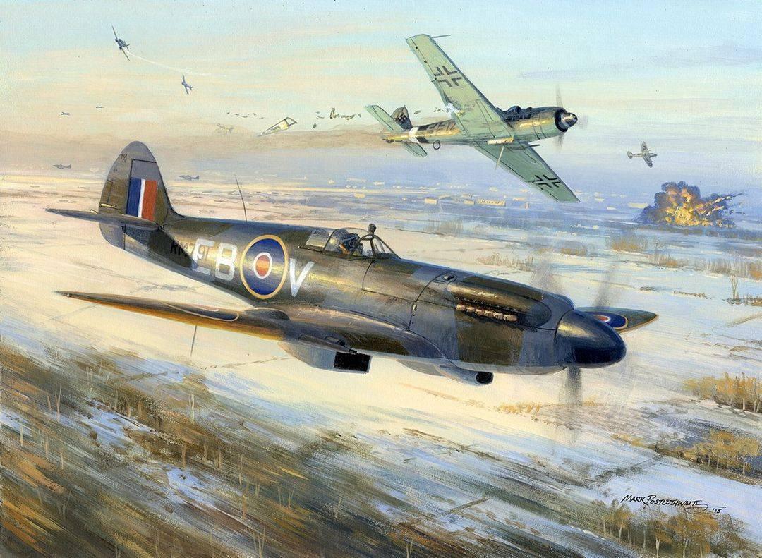 No. 41 Sqn Spitfire XIV shooting down an Fw 190D-9 in early 1945 by Mark Postlethwaite. (1080 x ...