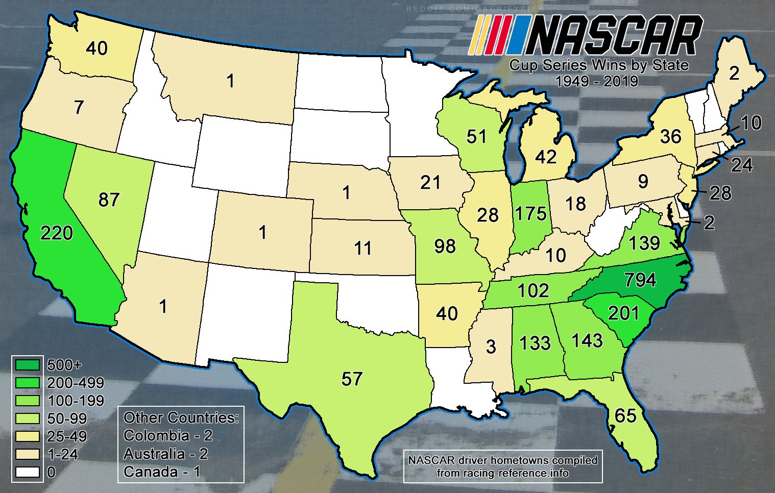 [OC] Map of Cup Series wins by driver's home state | Scrolller