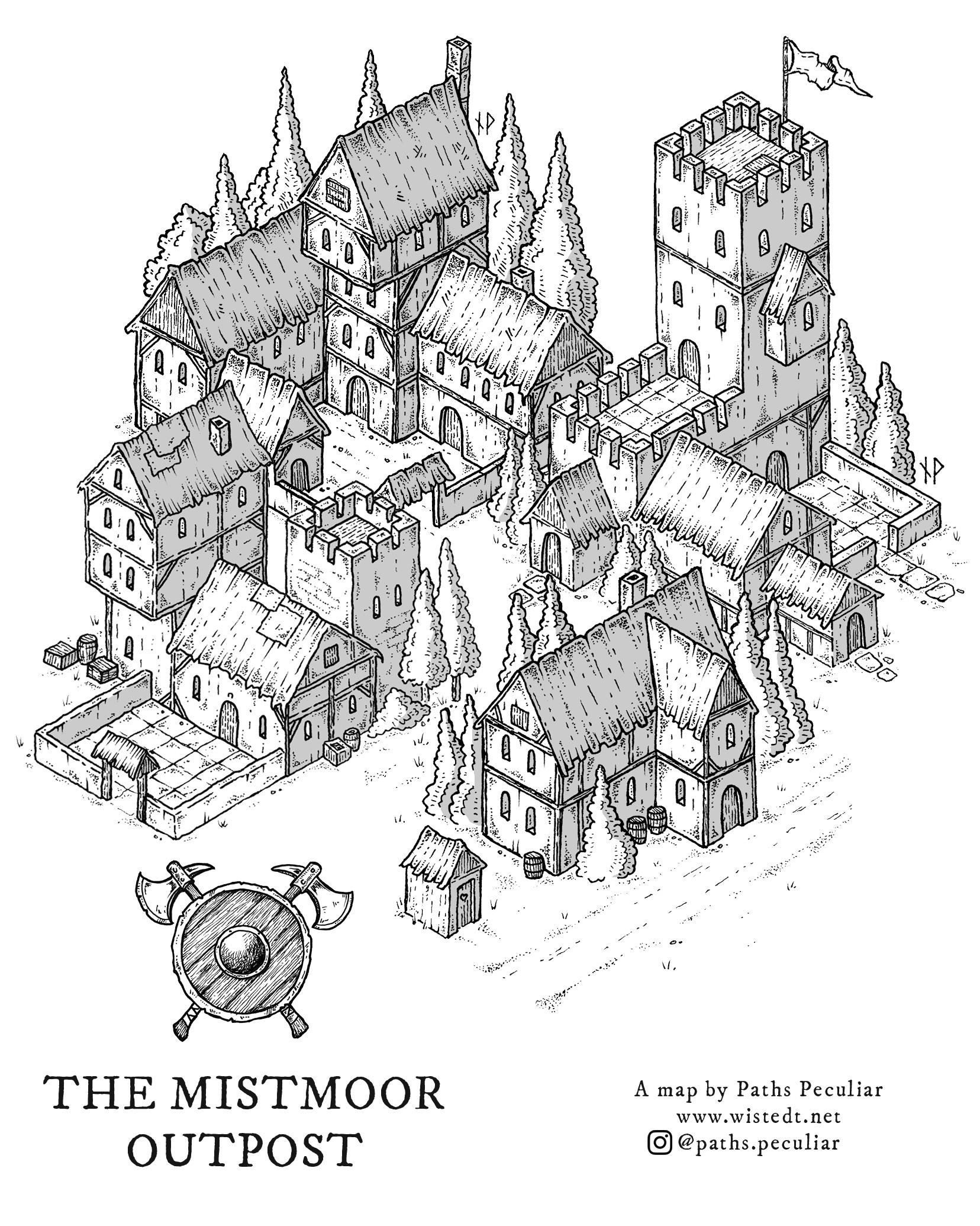 [OC] Mistmoor Outpost - isometric settlement map. Ink on paper. | Scrolller