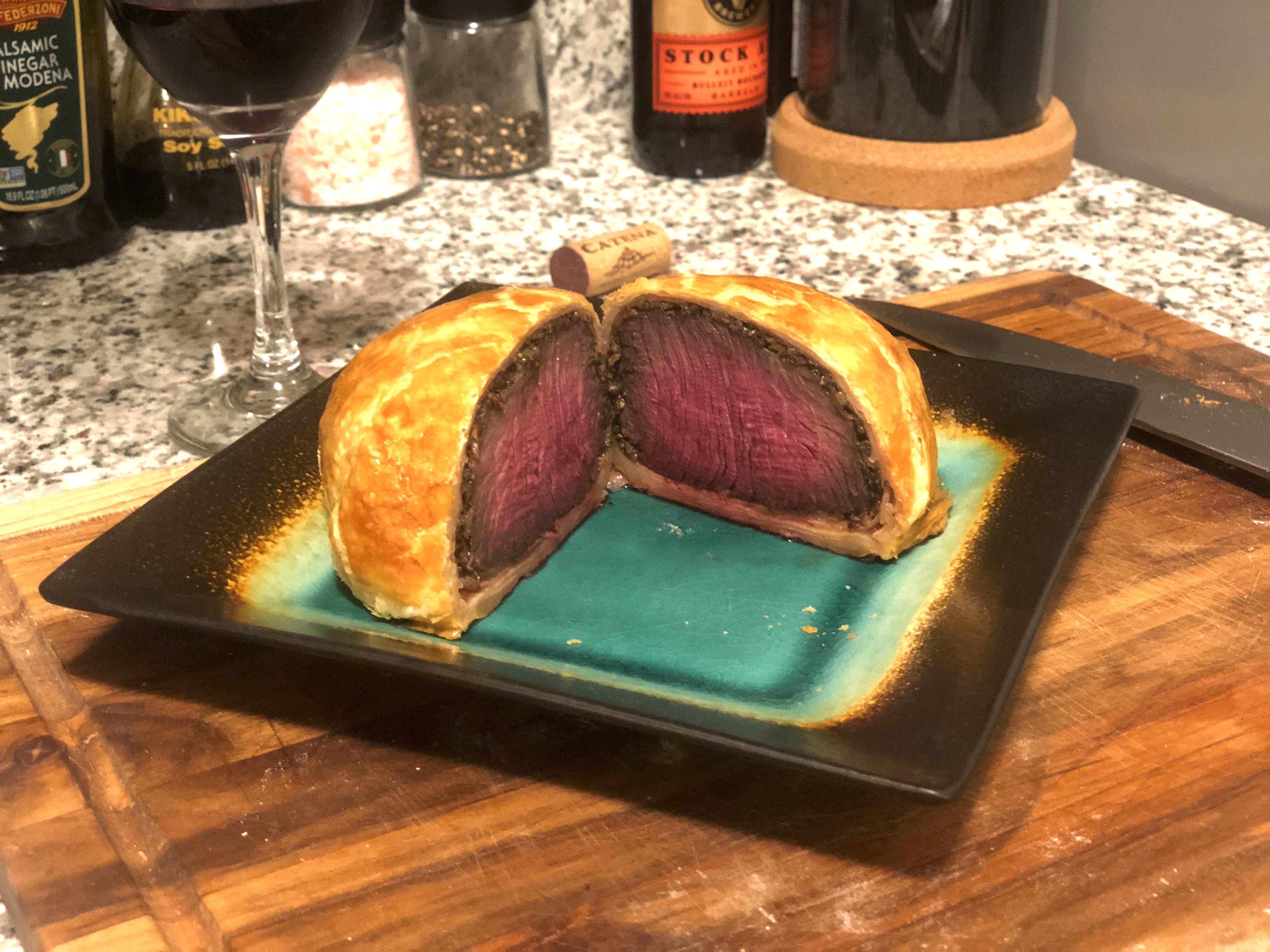 [OC] My first attempt ever at a Beef Wellington. A little bit overcooked, but tasted way better ...