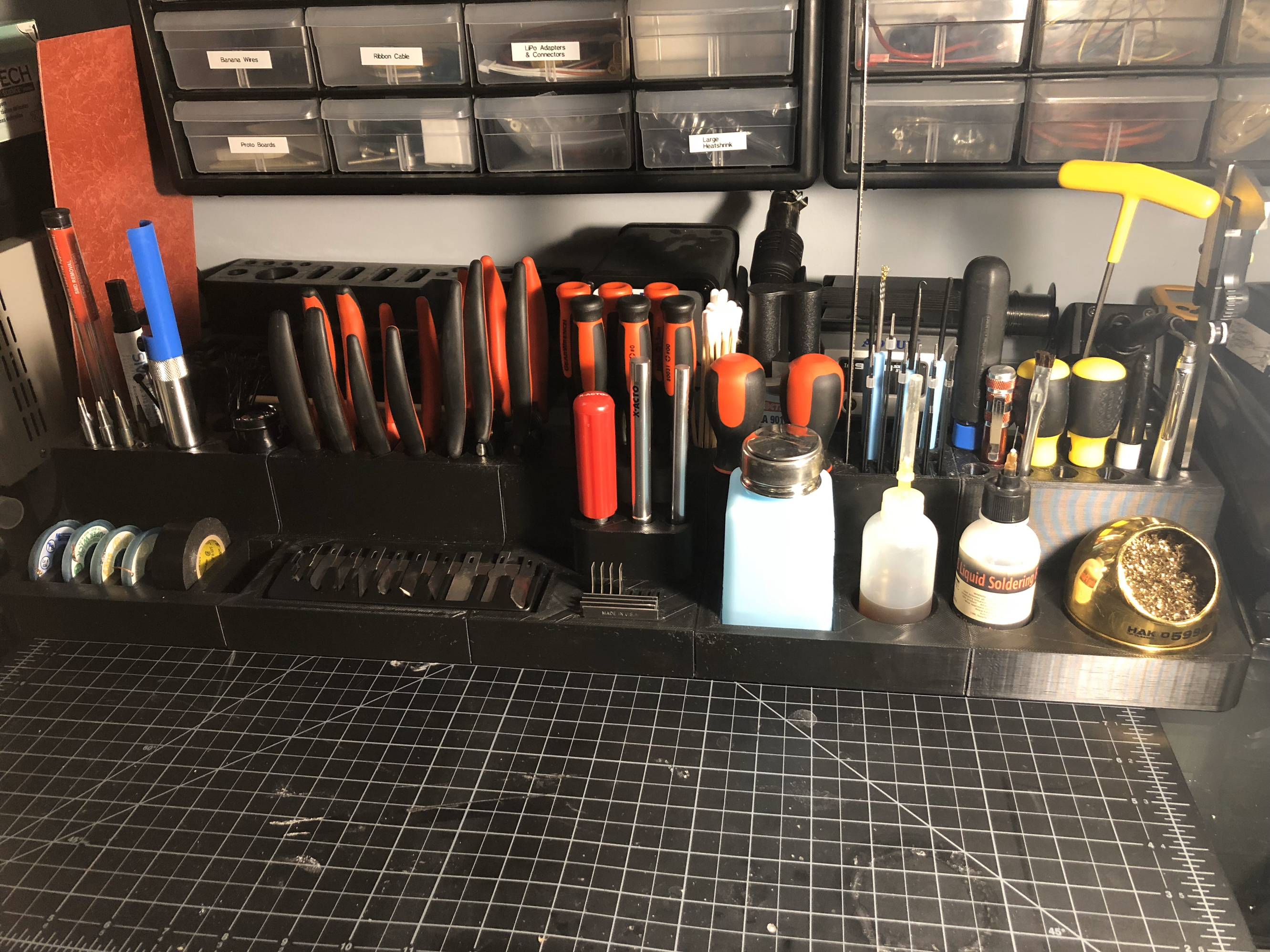 Organizer for my electronics workbench. Printed in 5 parts on my Lulzbot Mini and stuck together ...