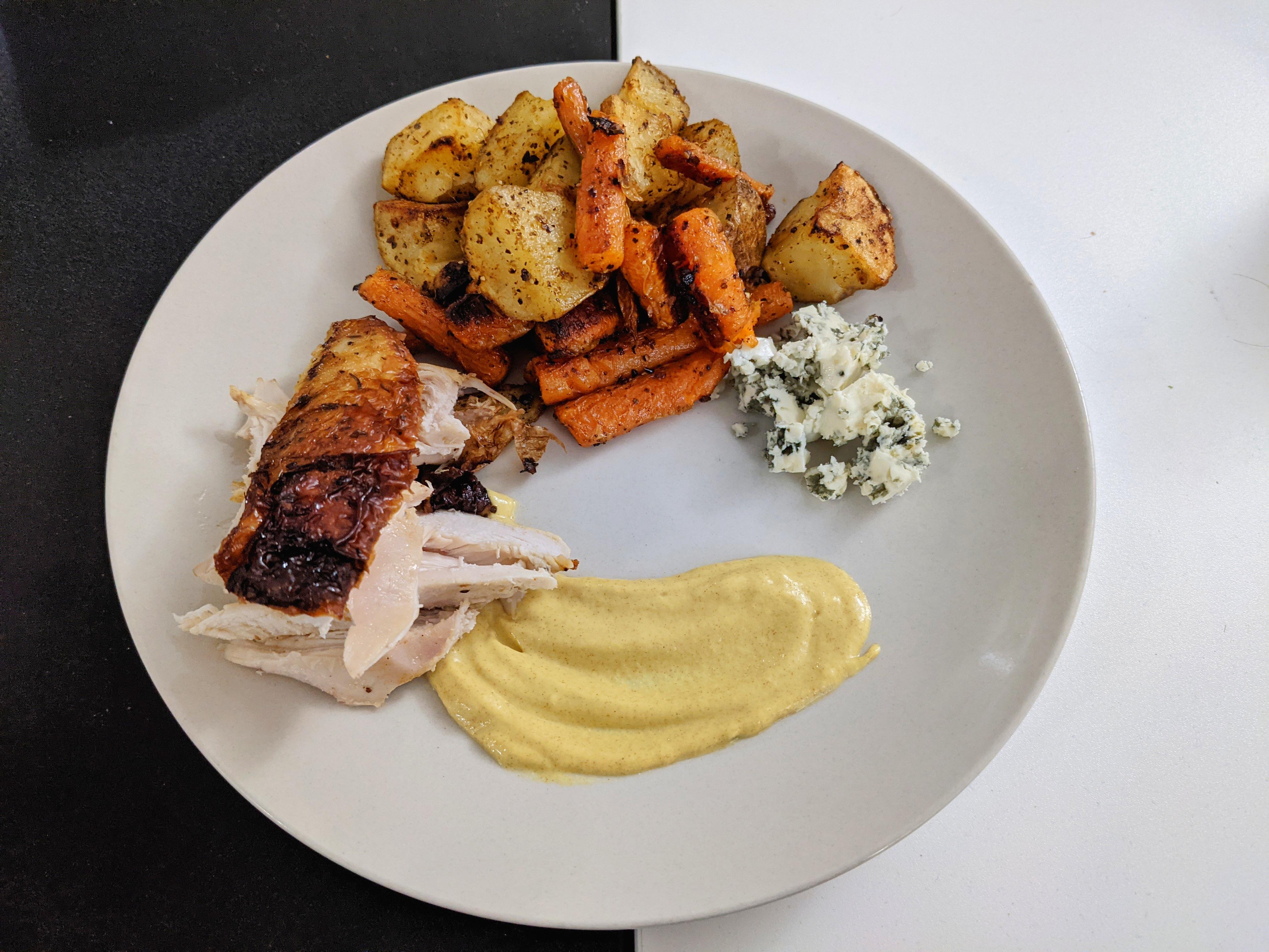 Oven Roasted Chicken and Veg, alongside Blue cheese and Dijon mustard | Scrolller