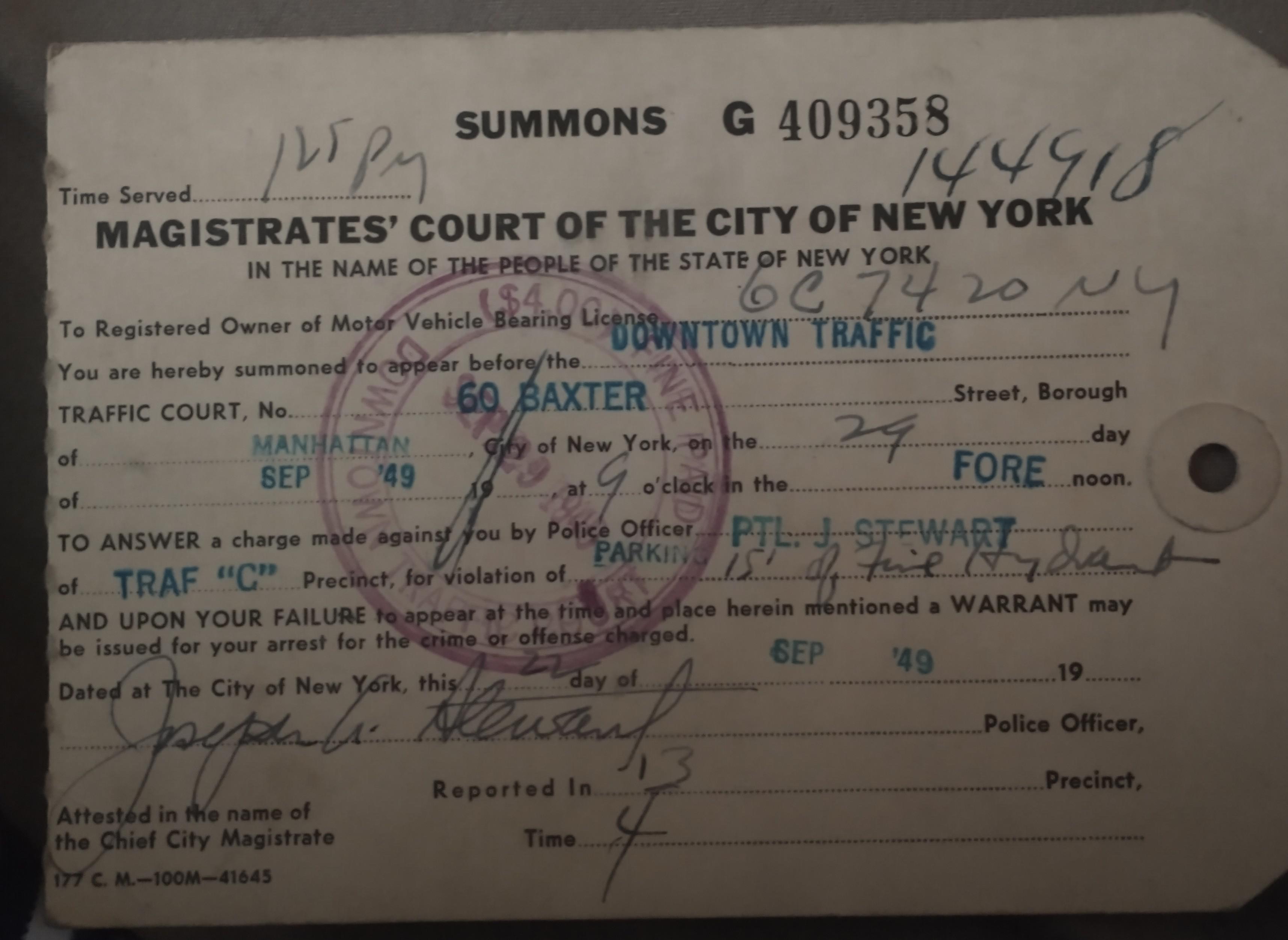Parking ticket NYC 1949 | Scrolller