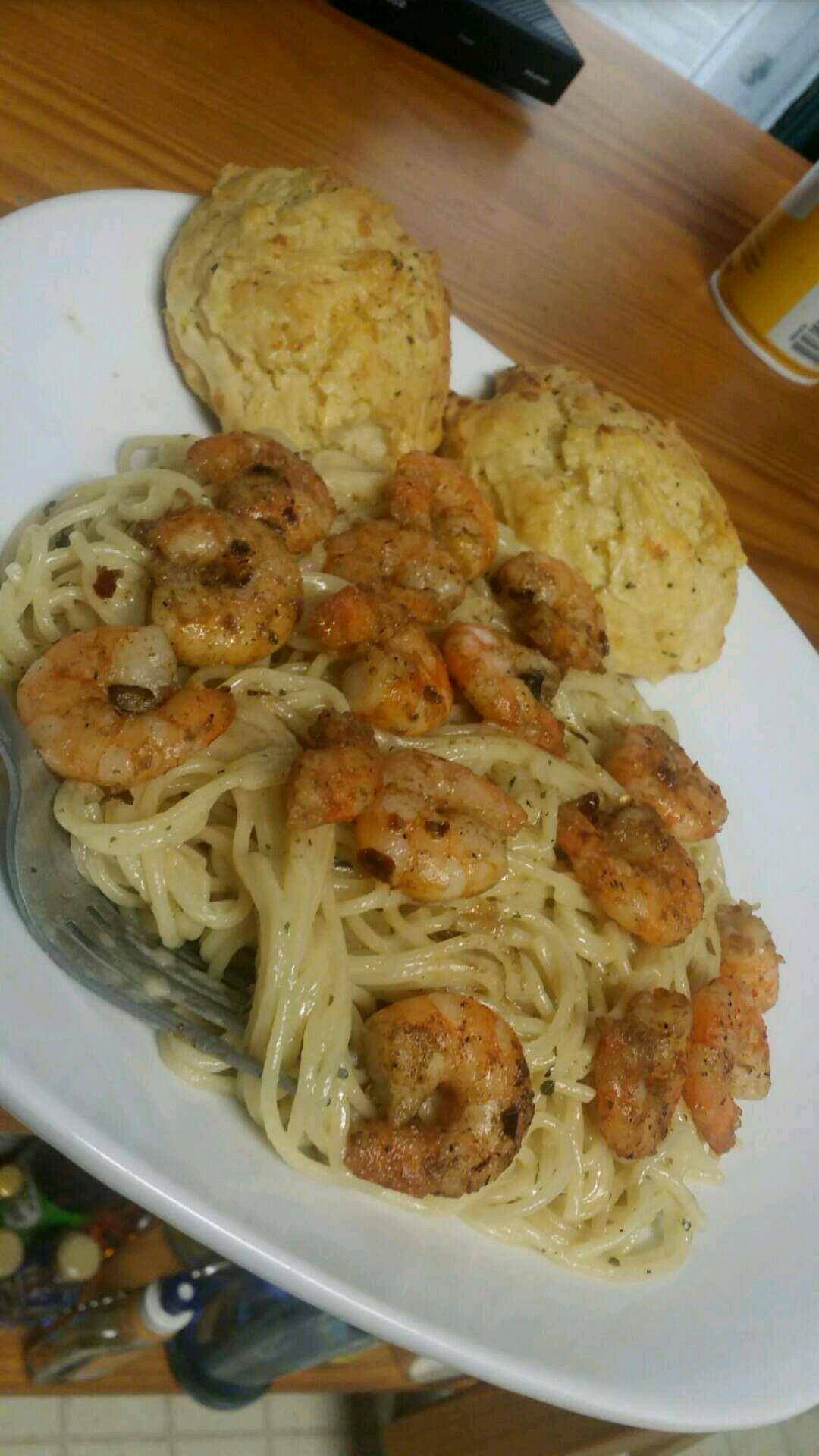 Pasta with garlic shrimp and homemade Cheddar Bay biscuits. Aka: Carbs ...