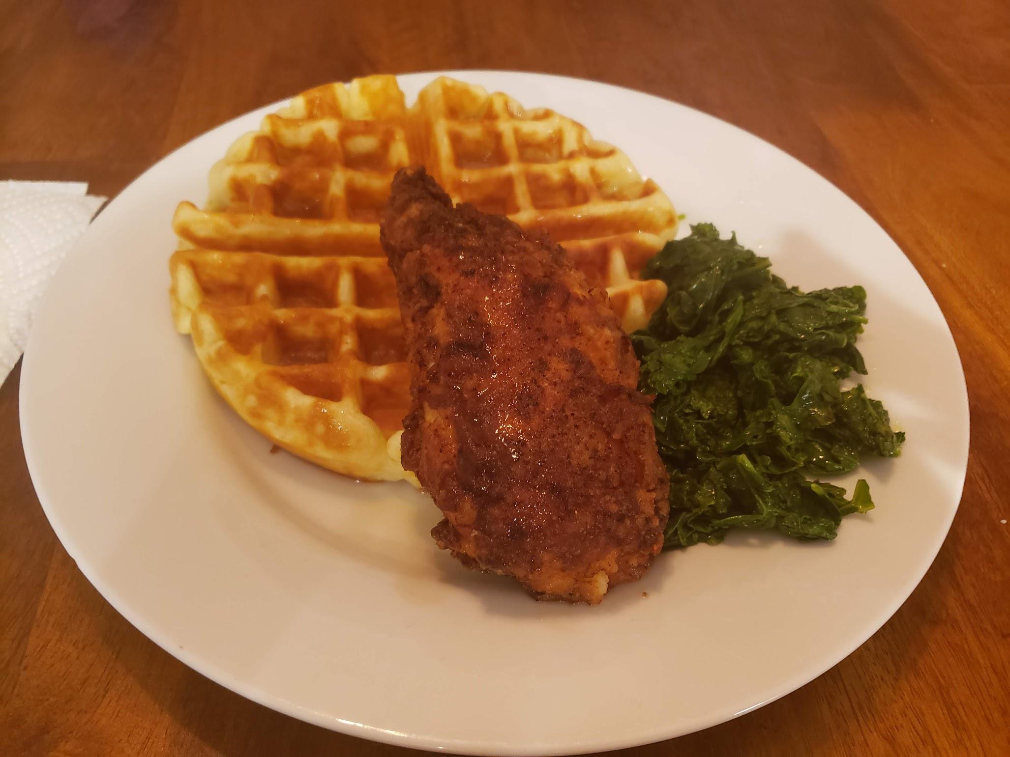 Pickle Brined Fried Chicken and Waffles with Sauteed Kale and Maple Syrup | Scrolller