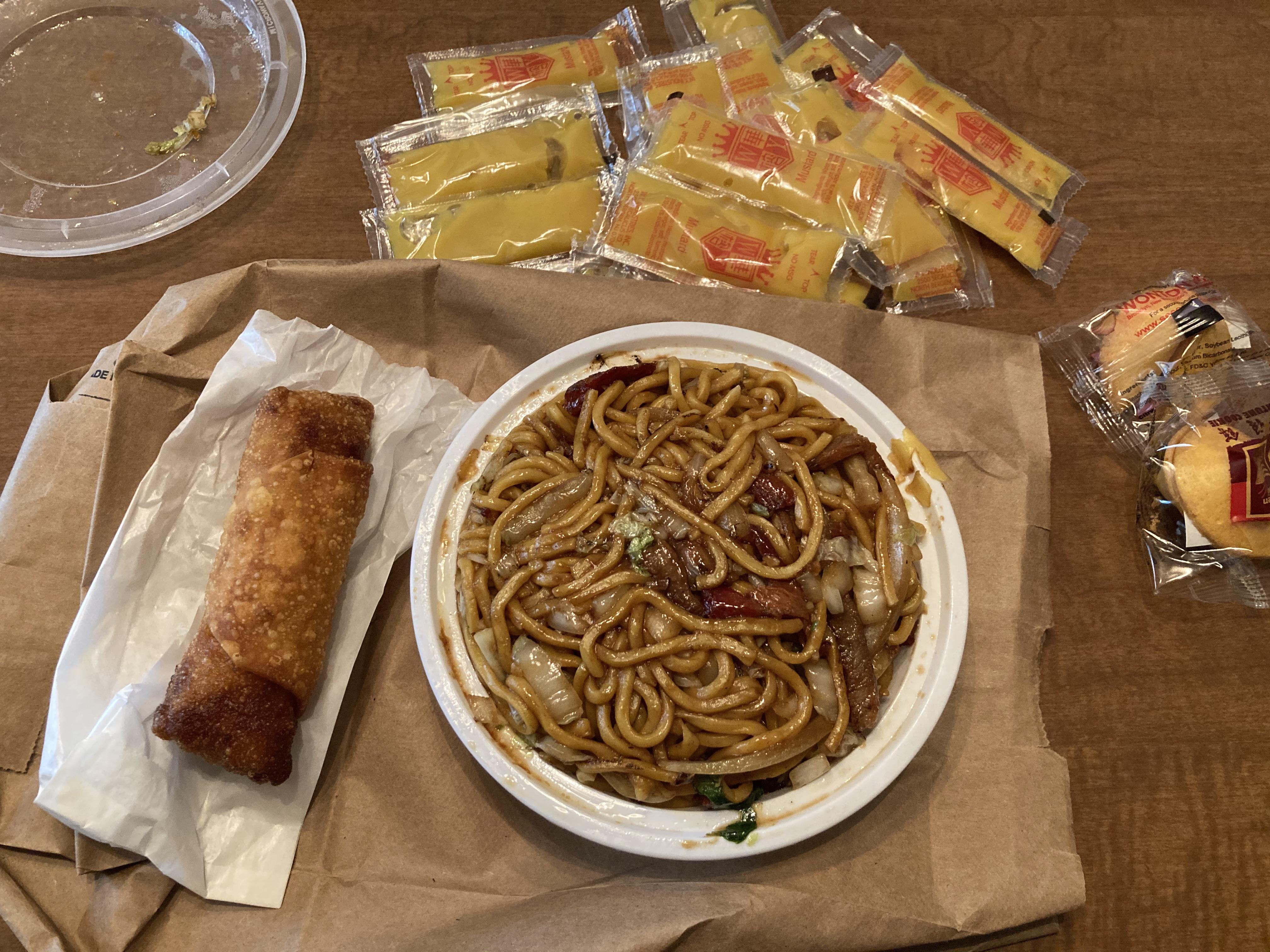 Pork lo mein and egg roll with just enough hot mustard | Scrolller
