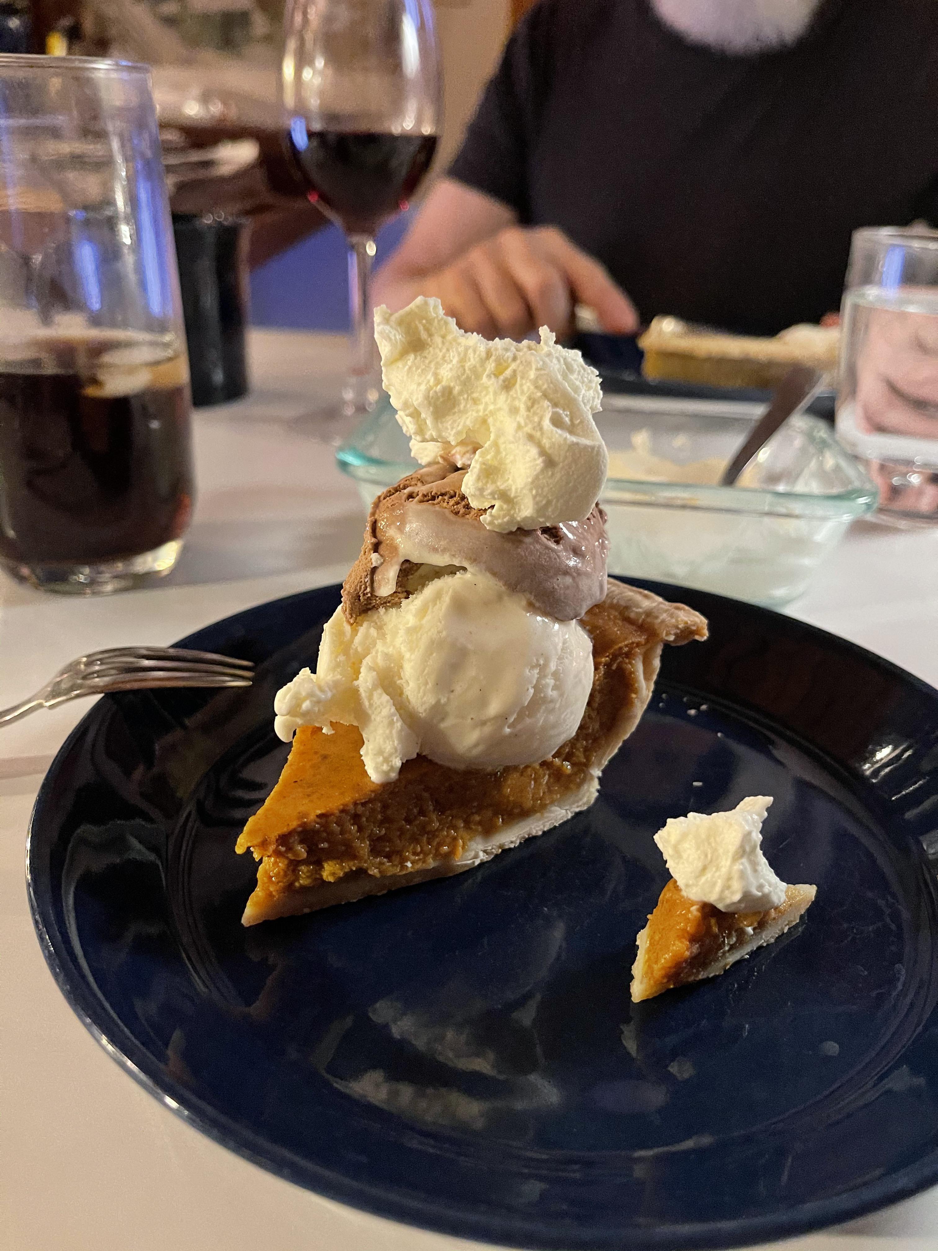 Pumpkin Pie Topped With Vanilla And Chocolate Ice Cream And Homemade Whipped Cream | Scrolller