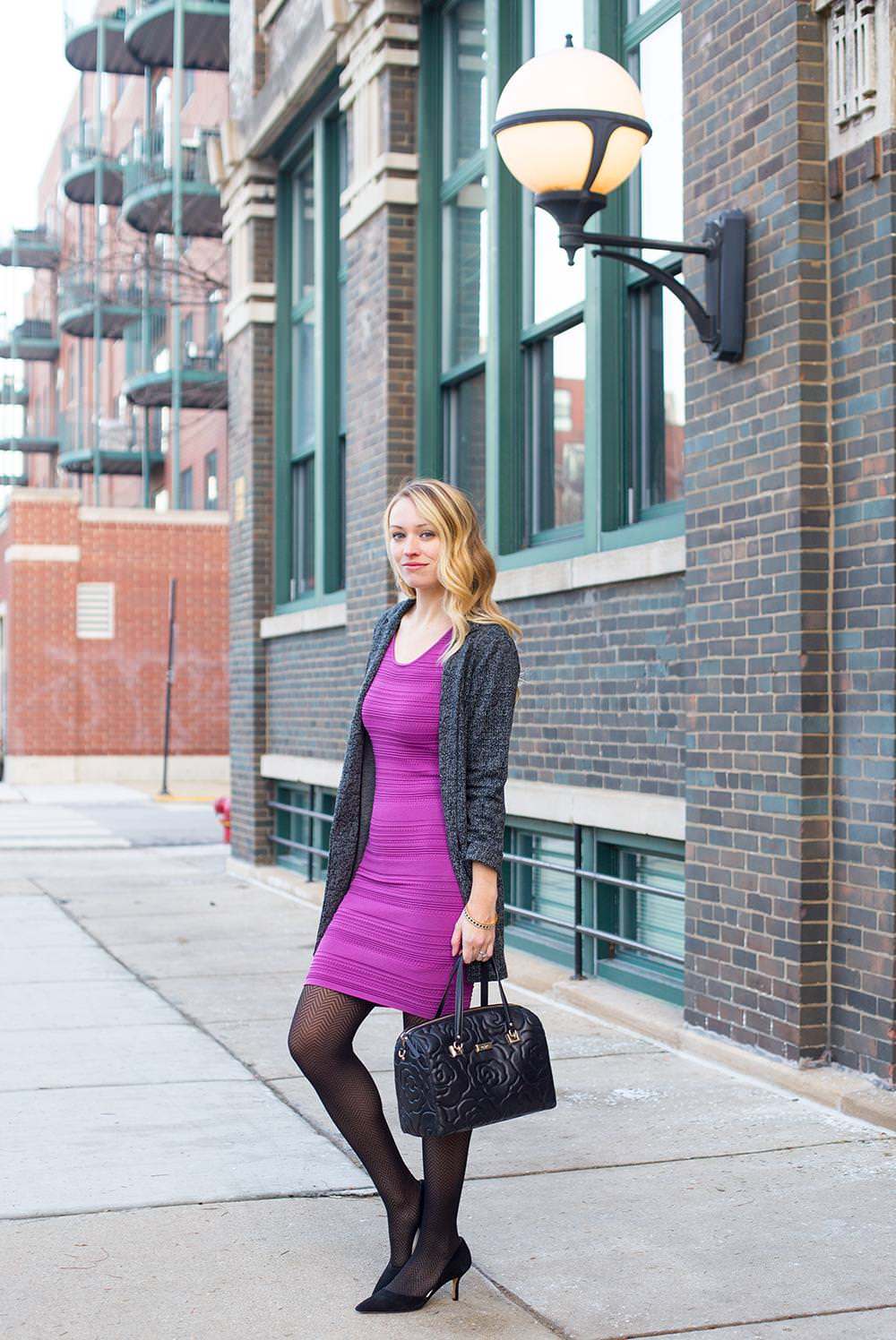 Purple dress, patterned tights | Scrolller