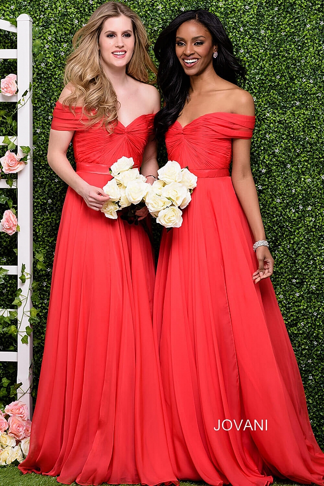 Red floor length chiffon off the shoulder bridesmaid dress | Scrolller