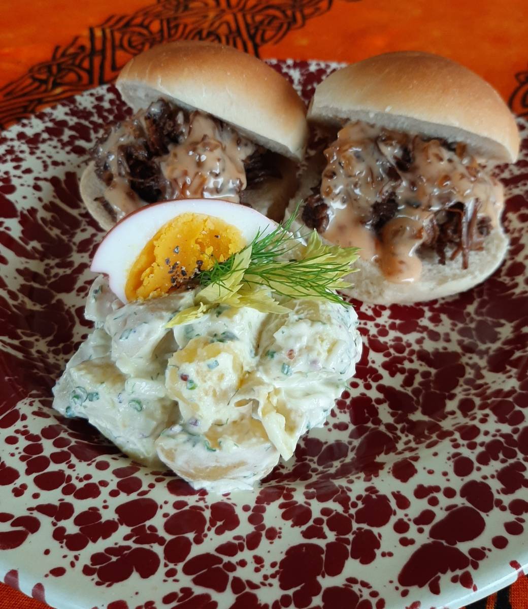 Rootbeer Brazed Beef Sliders on telera rolls w/fennel potato salad and mulberry pickled egg ...