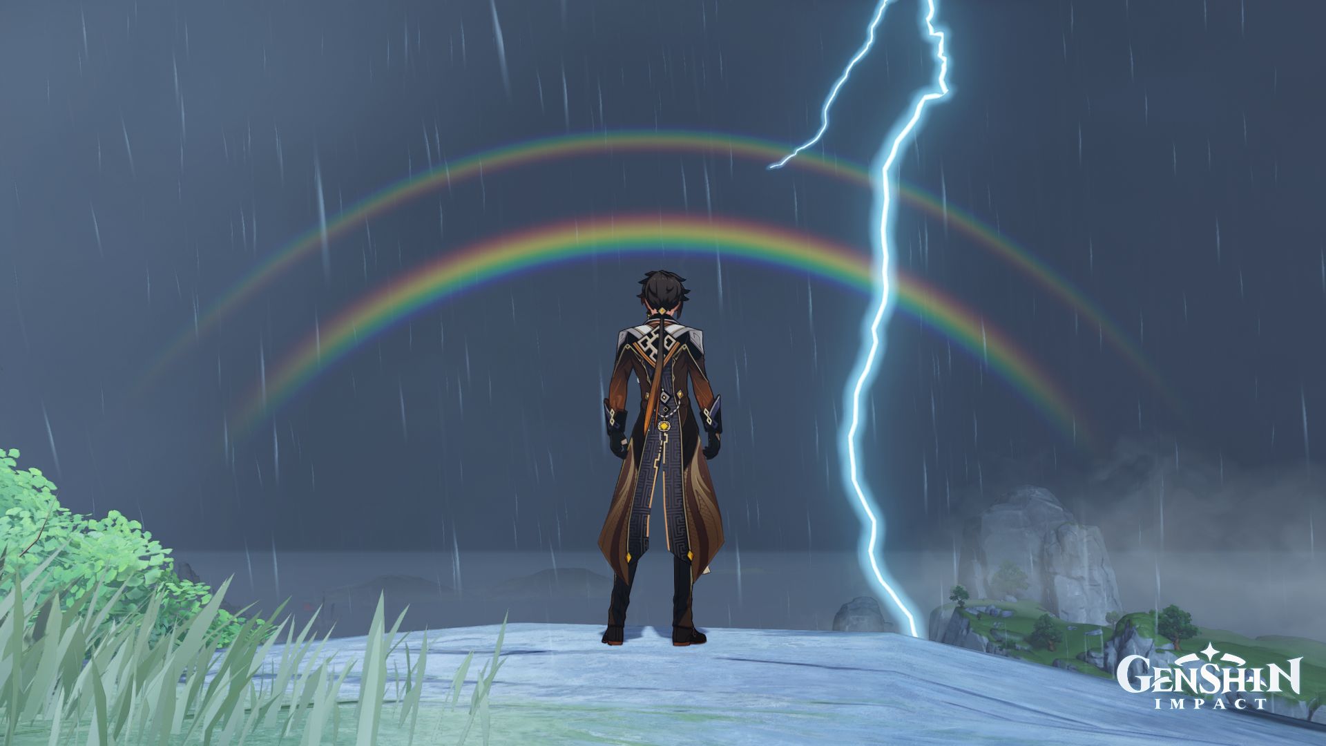 Saw a double rainbow in Liyue, snapped a pic and lighting struck at the perfect time. | Scrolller