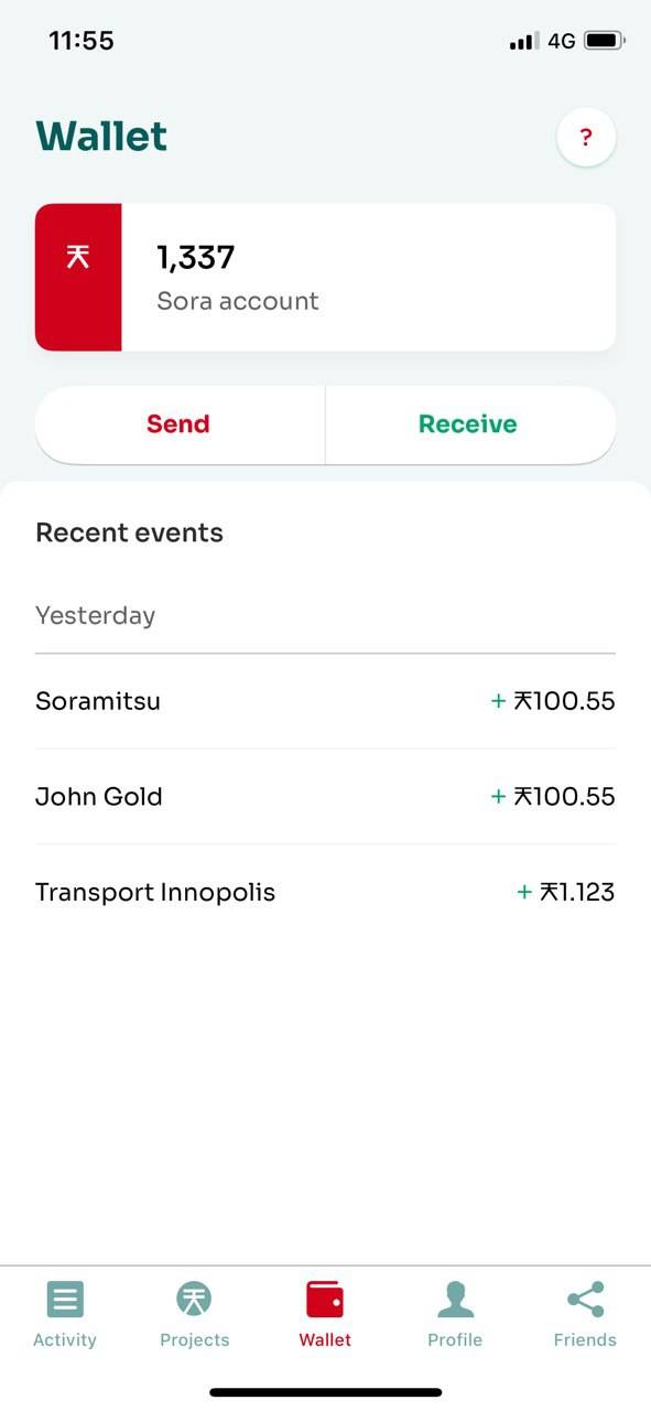 Screenshot of wallet feature in the Sora app. This allows users to send and receive XOR, using ...