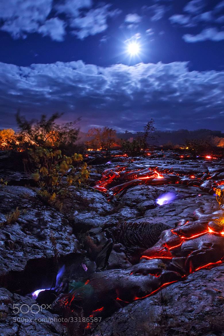 "Seeping methane burns a bright blue as lava advances through a forest on a moonlit night ...