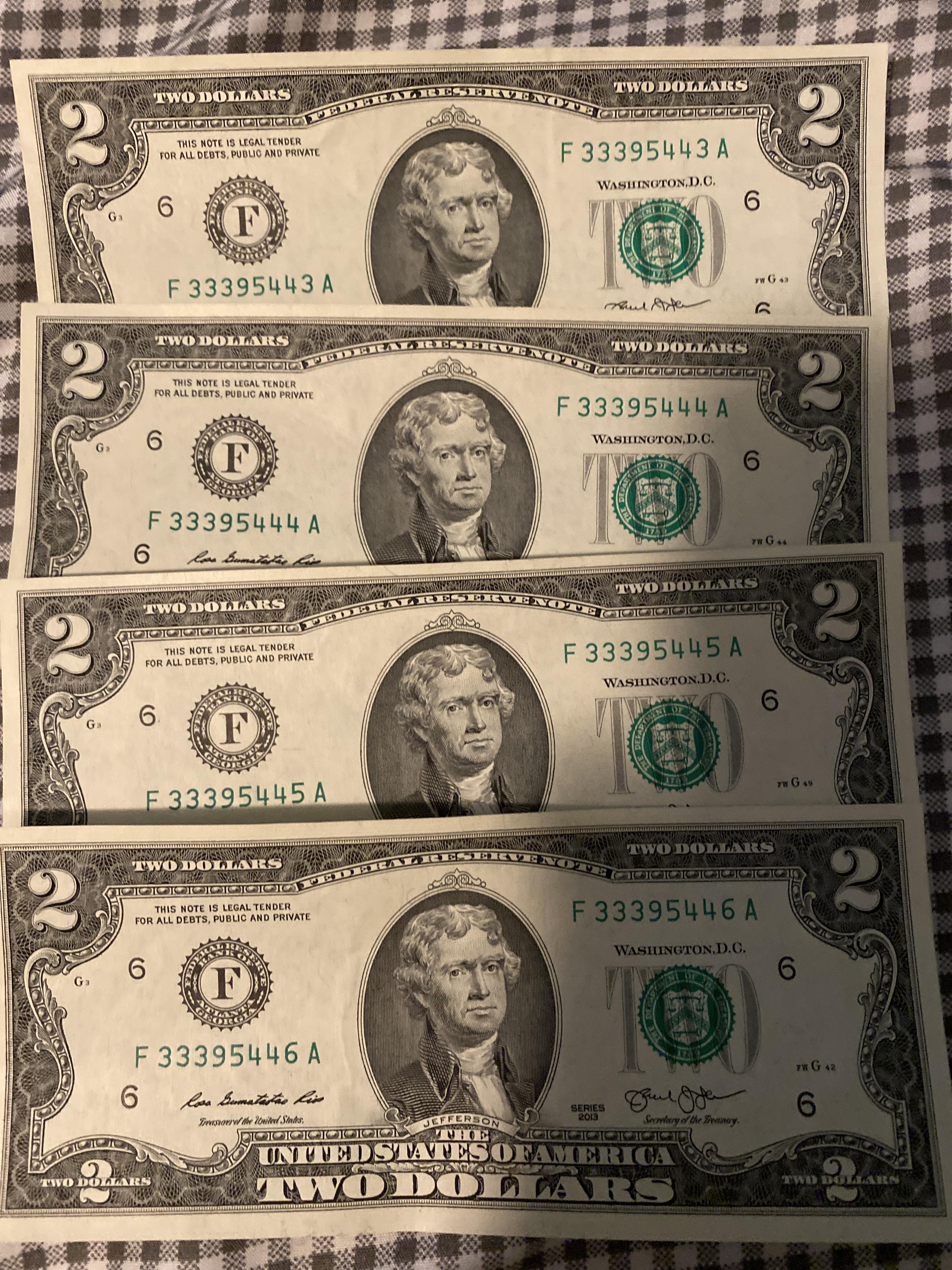 Sequential serial numbers on $2 US bills. | Scrolller