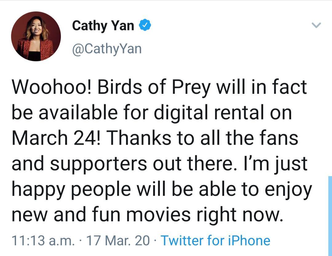 Social media: Cathy Yan on Birds of Prey early VOD release. | Scrolller