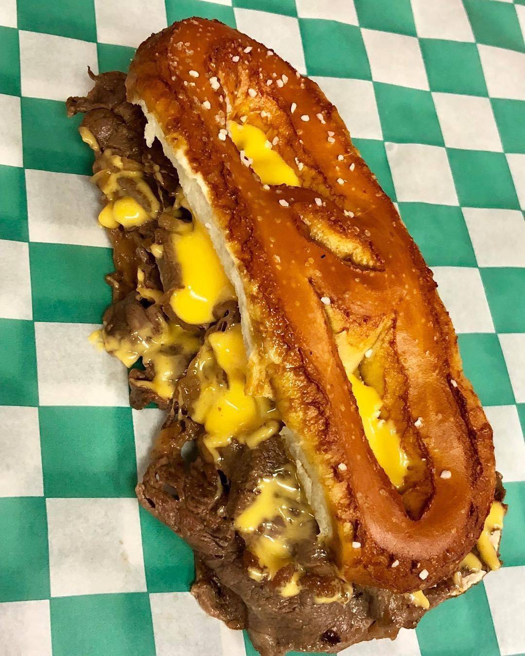 Soft pretzel cheesesteak with extra cheese. | Scrolller