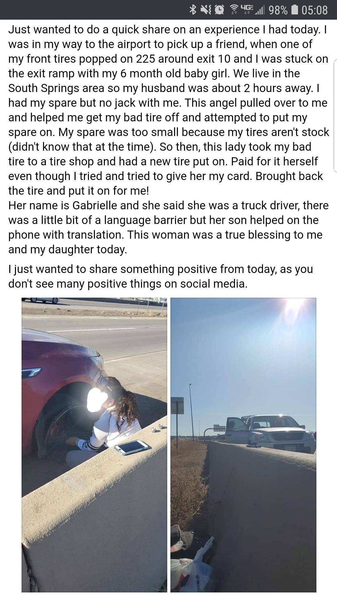 Stranger stops to help with flat tire, even pays for a new spare for new mom. | Scrolller