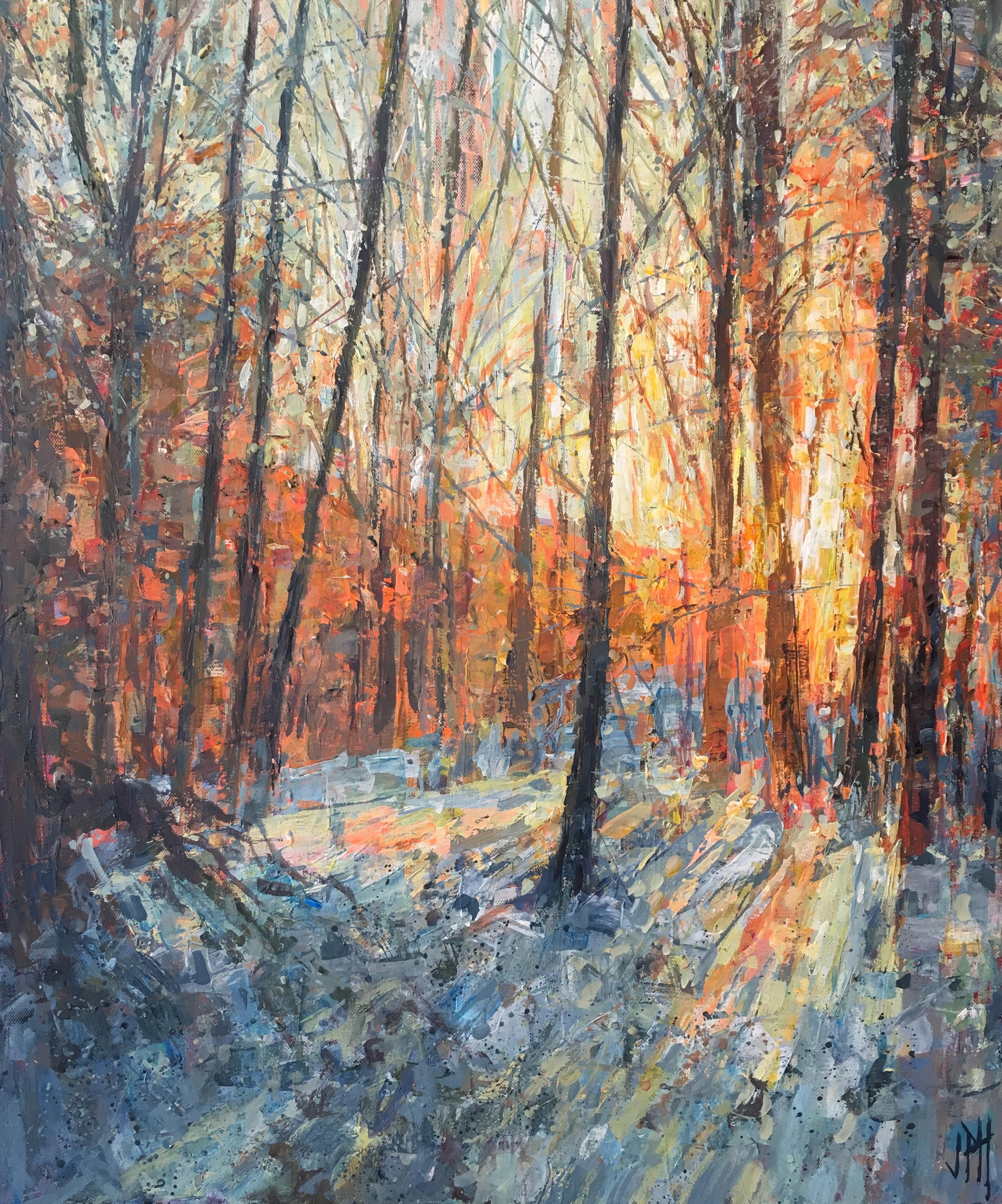 Sun meeting snow; acrylic painting I did of woods in Newfane, Vermont. | Scrolller