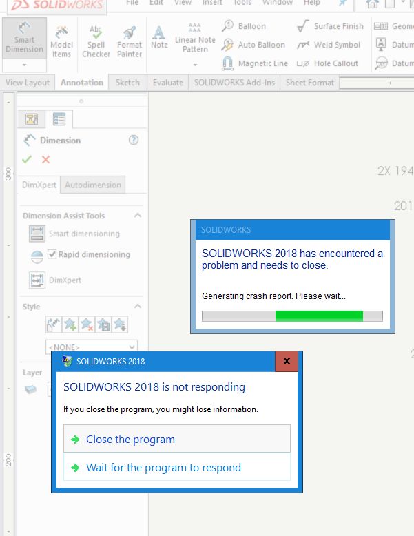 SW: Thats a nice circle, you wanna dimension it? CRASSSHHH Windows: Hey SW froze while crashing ...