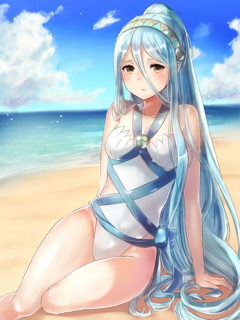 Swimsuit Azura sitting by the ocean's gray waves (はる) | Scrolller