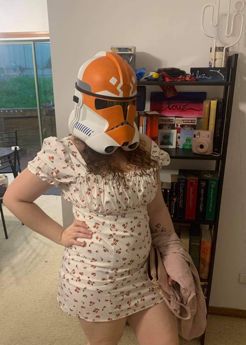 The 3d printed 332nd clone helmet with a human for scale | Scrolller