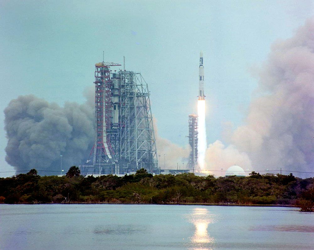 The last Saturn V takes flight: Skylab launch with Skylab 2 in foreground. | Scrolller