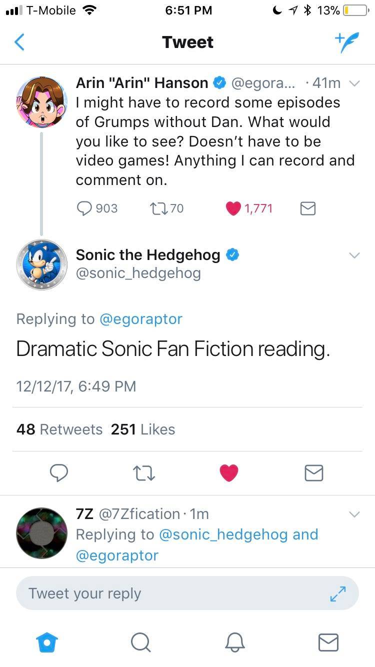 The official Sonic the Hedgehog Twitter’s recommendation of what Arin should record without Dan ...
