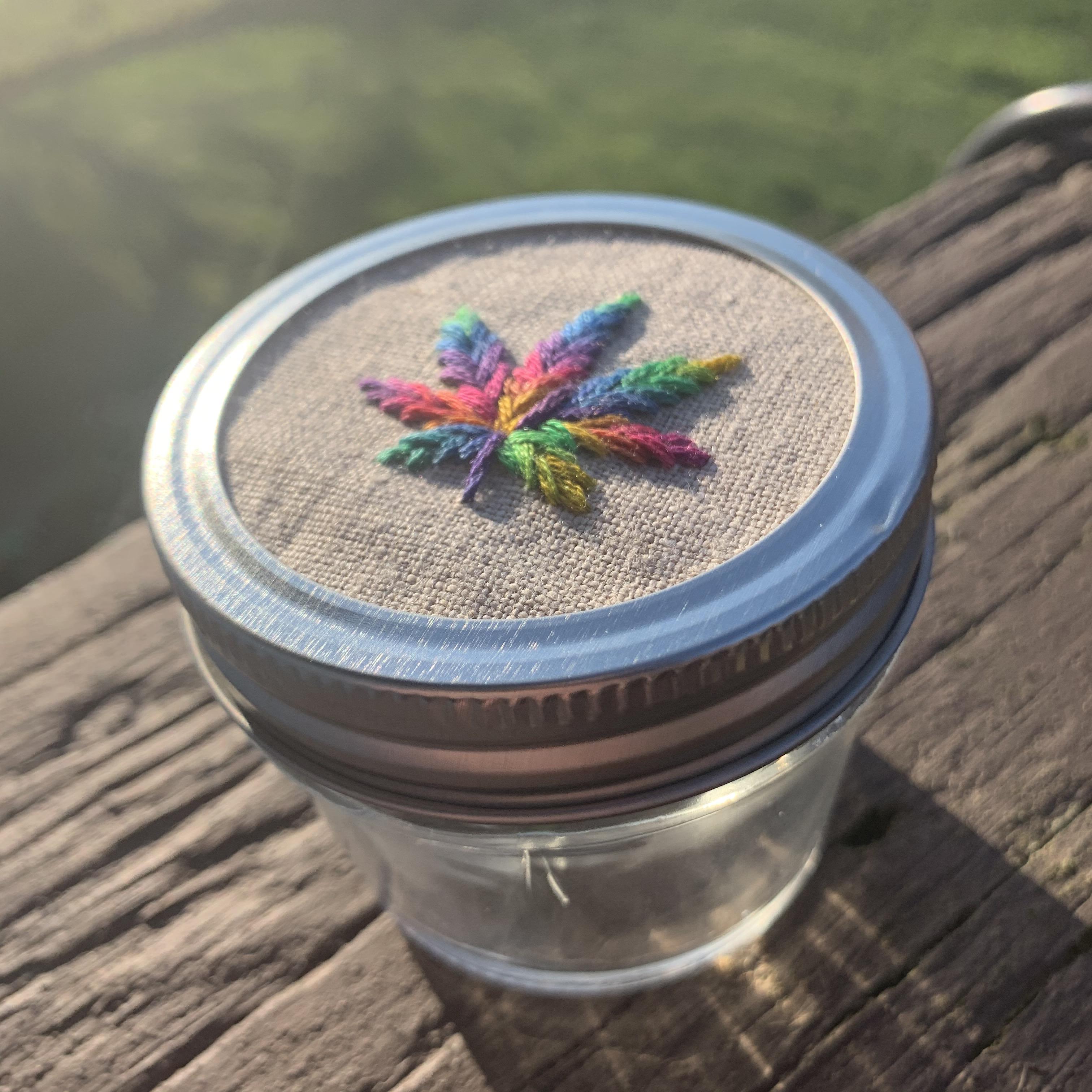 The wife, /u/chronicstitching, is now making little embroidered stash jar tops. Here’s prototype ...