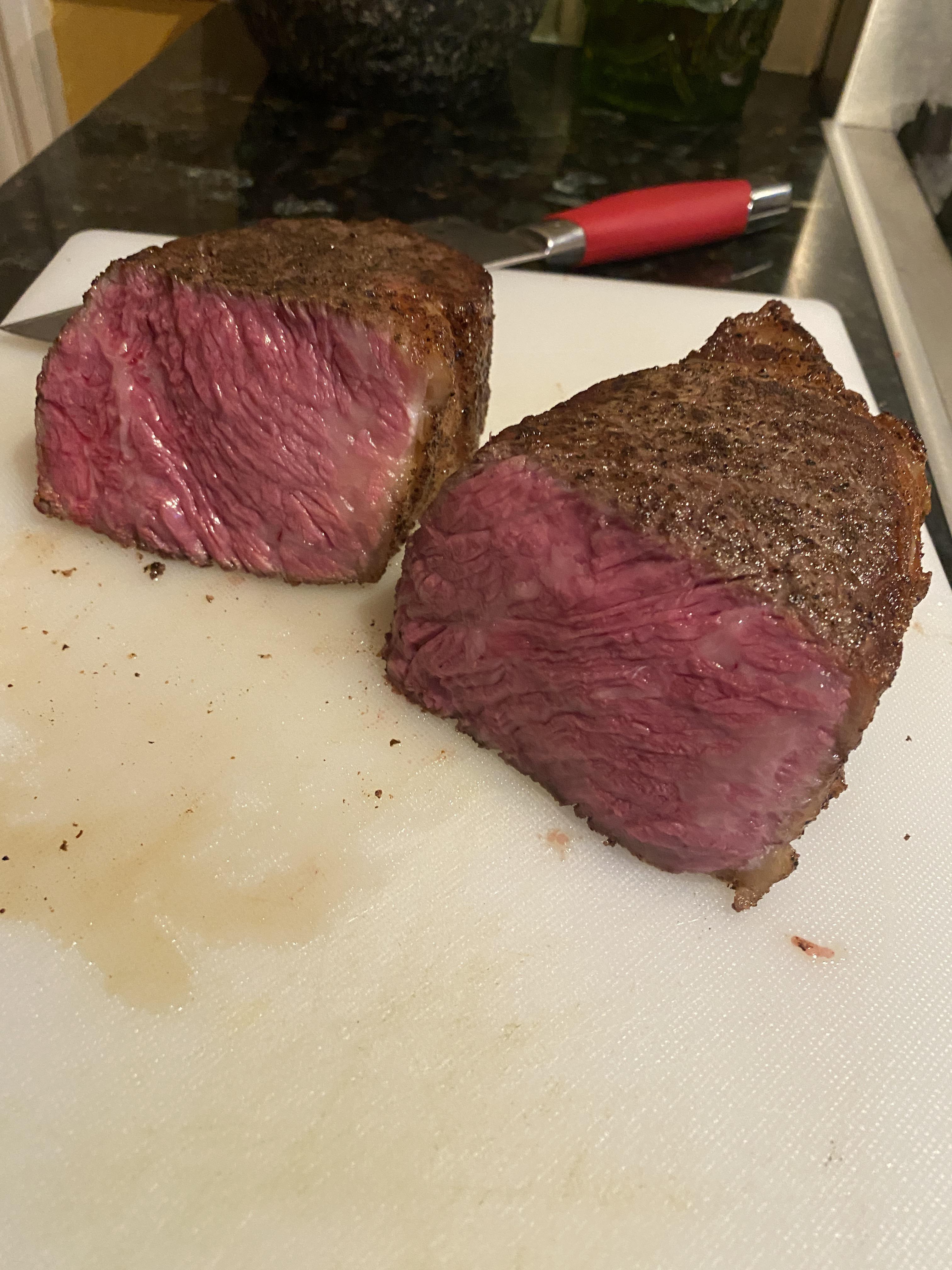 Thick cut NY strip - 128 for 2. seared on cast iron. | Scrolller