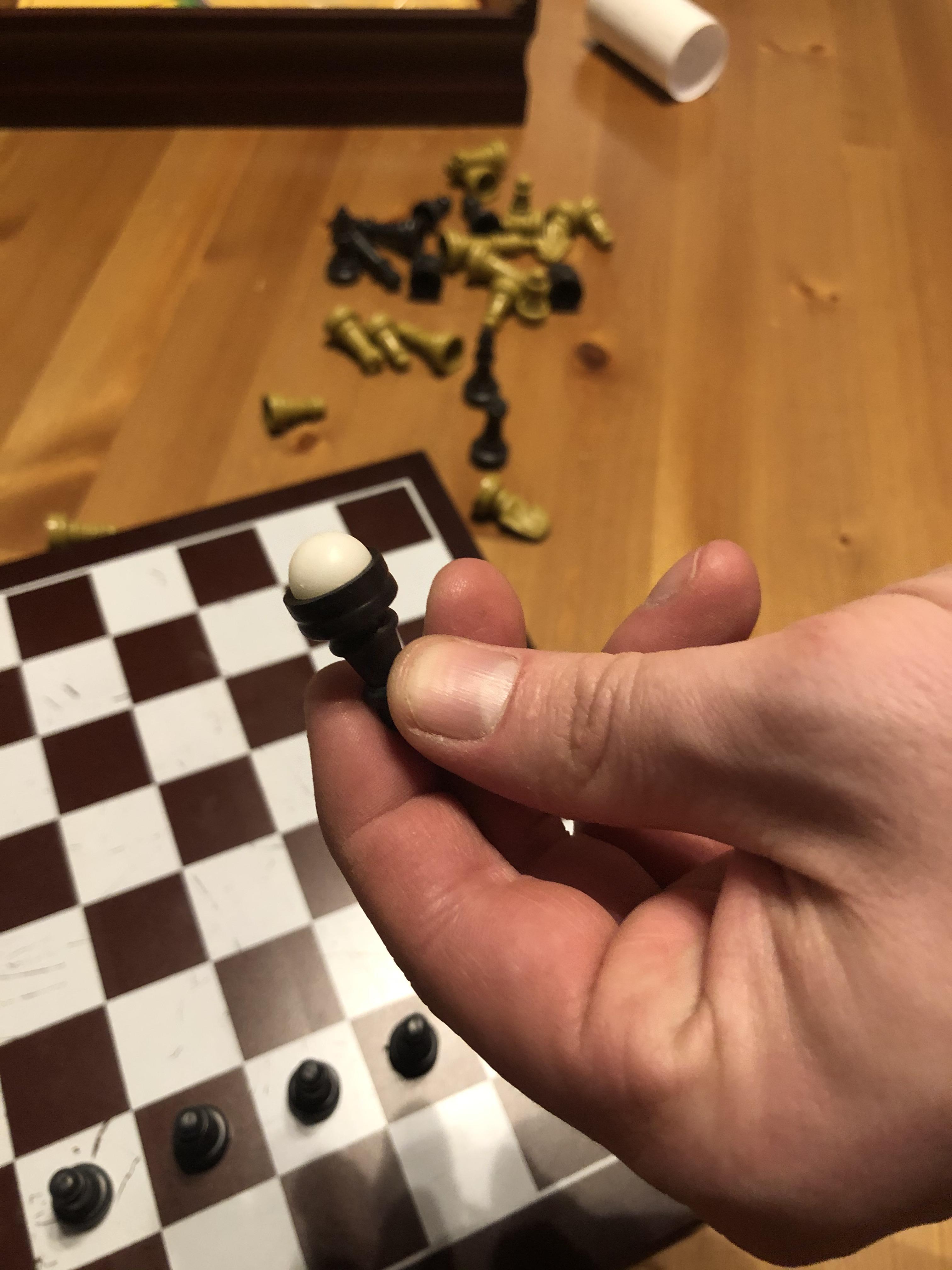 This game set includes Chinese checkers pieces that perfectly get stuck inside the chess pieces ...