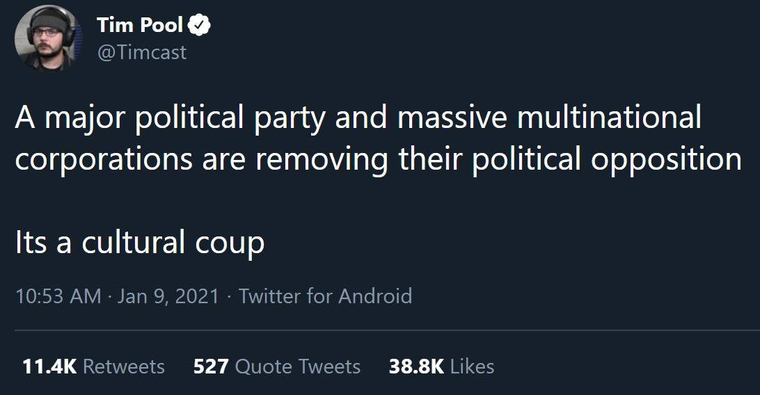 Tim Pool not realizing that Trump breaking Twitter's Terms of Service is not the same as a coup ...