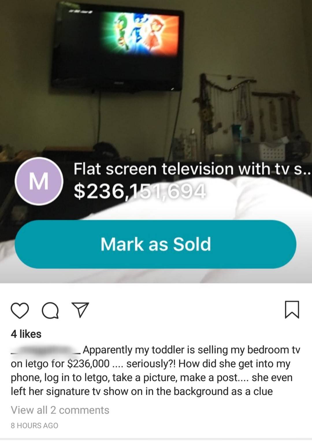 Toddler puts TV on Letgo for 200 million dollars | Scrolller