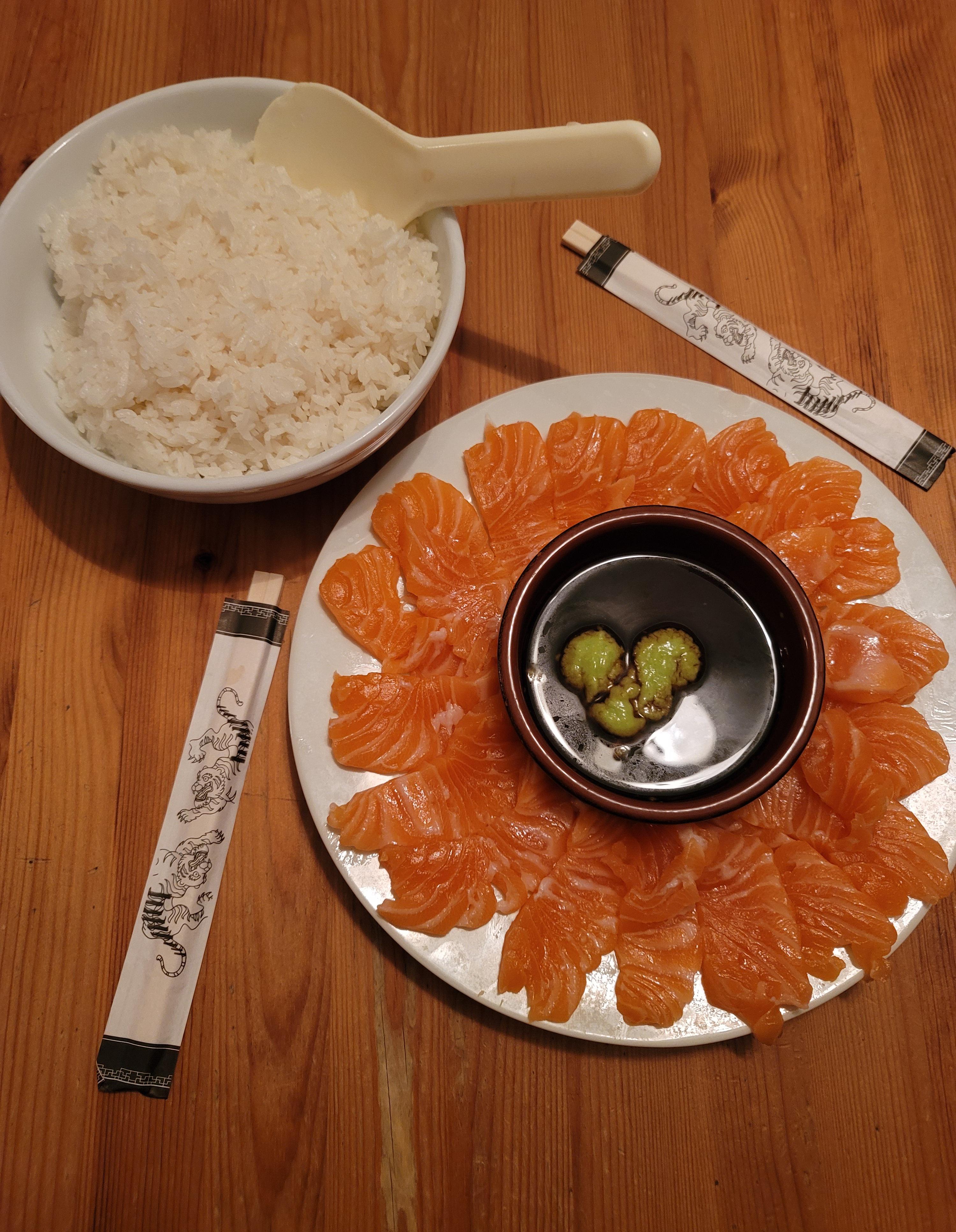 Tonight's date night dinner with my husband is Salmon Sashimi with sushi rice 🙂 | Scrolller