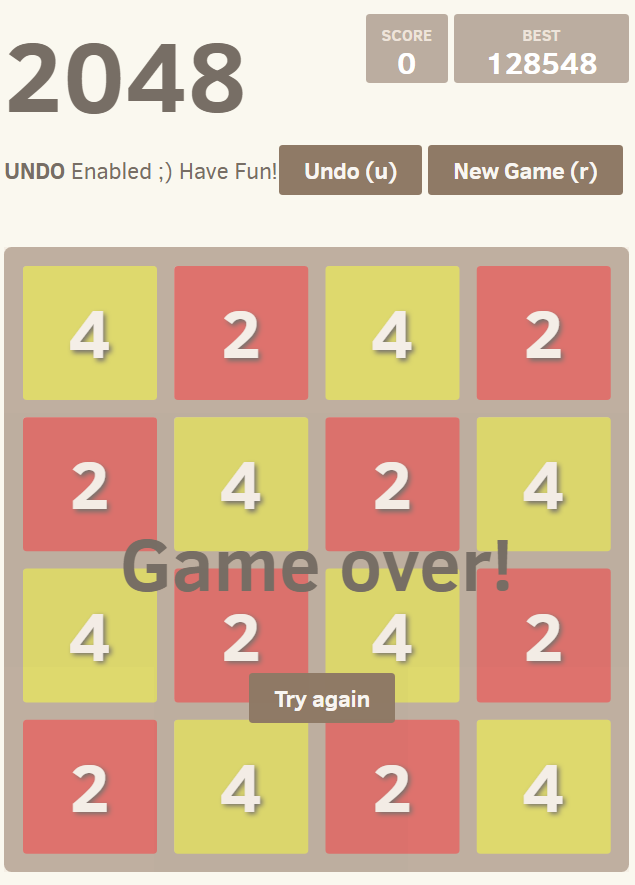 Took quite a few undos, but this is the lowest possible score in 2048 | Scrolller