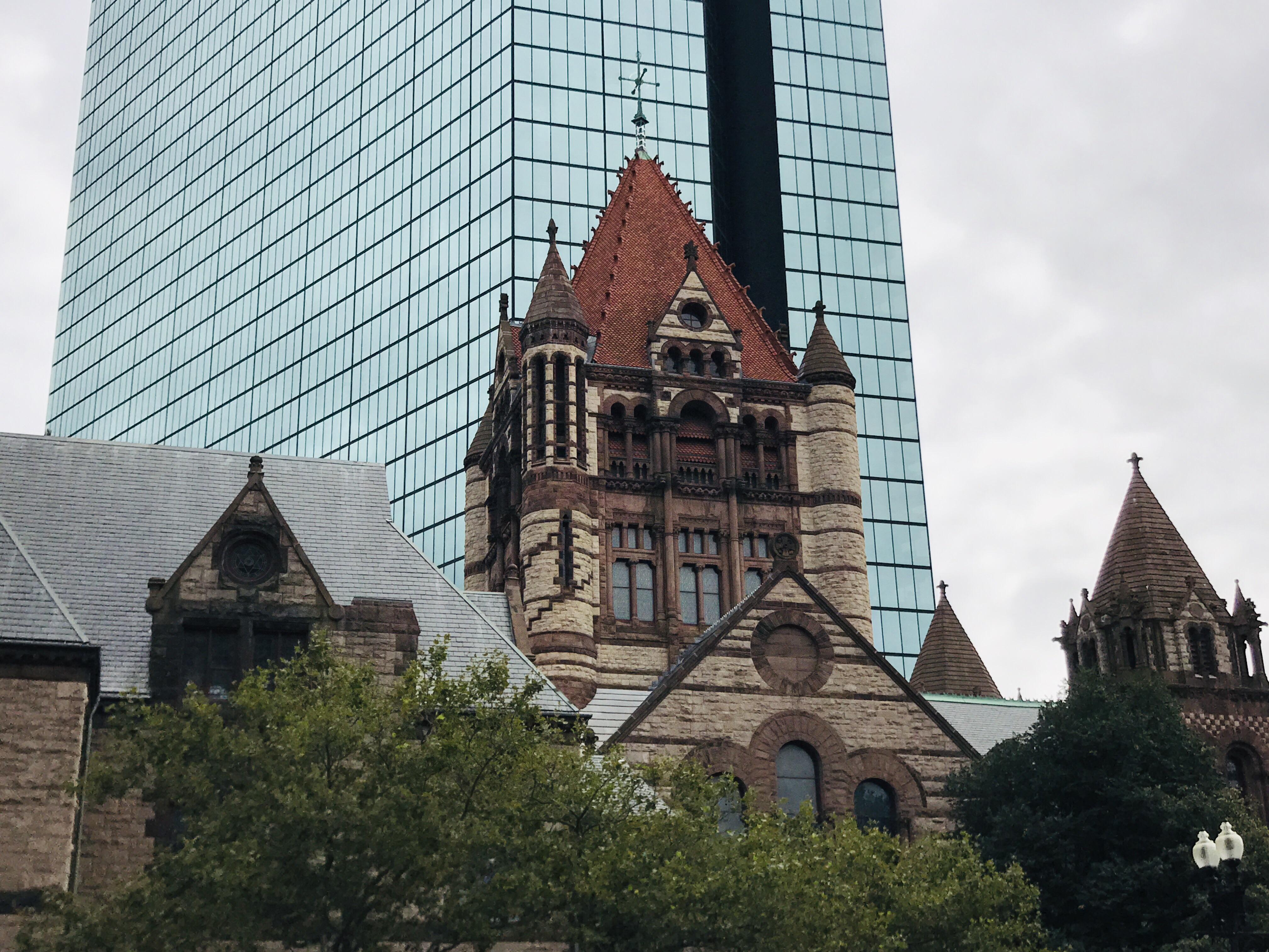 Trinity Church in front of the John Hancock Tower, Boston, USA. I find the stylistic contrast ...