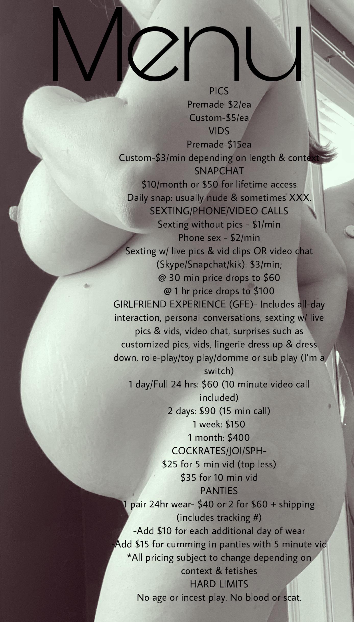 Updated my menu with some more options! I also post lactation and boy/girl content on LoyalFans ...