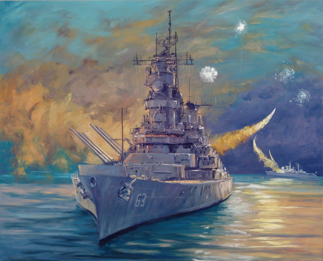 "USS Missouri under attack by Iraqi Silkworm missile" Gulf War 1991- Artist John Charles Roach ...