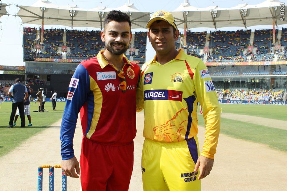 Virat Kohli captain of the Royal Challengers Bangalore and MS Dhoni captain of the Chennai ...
